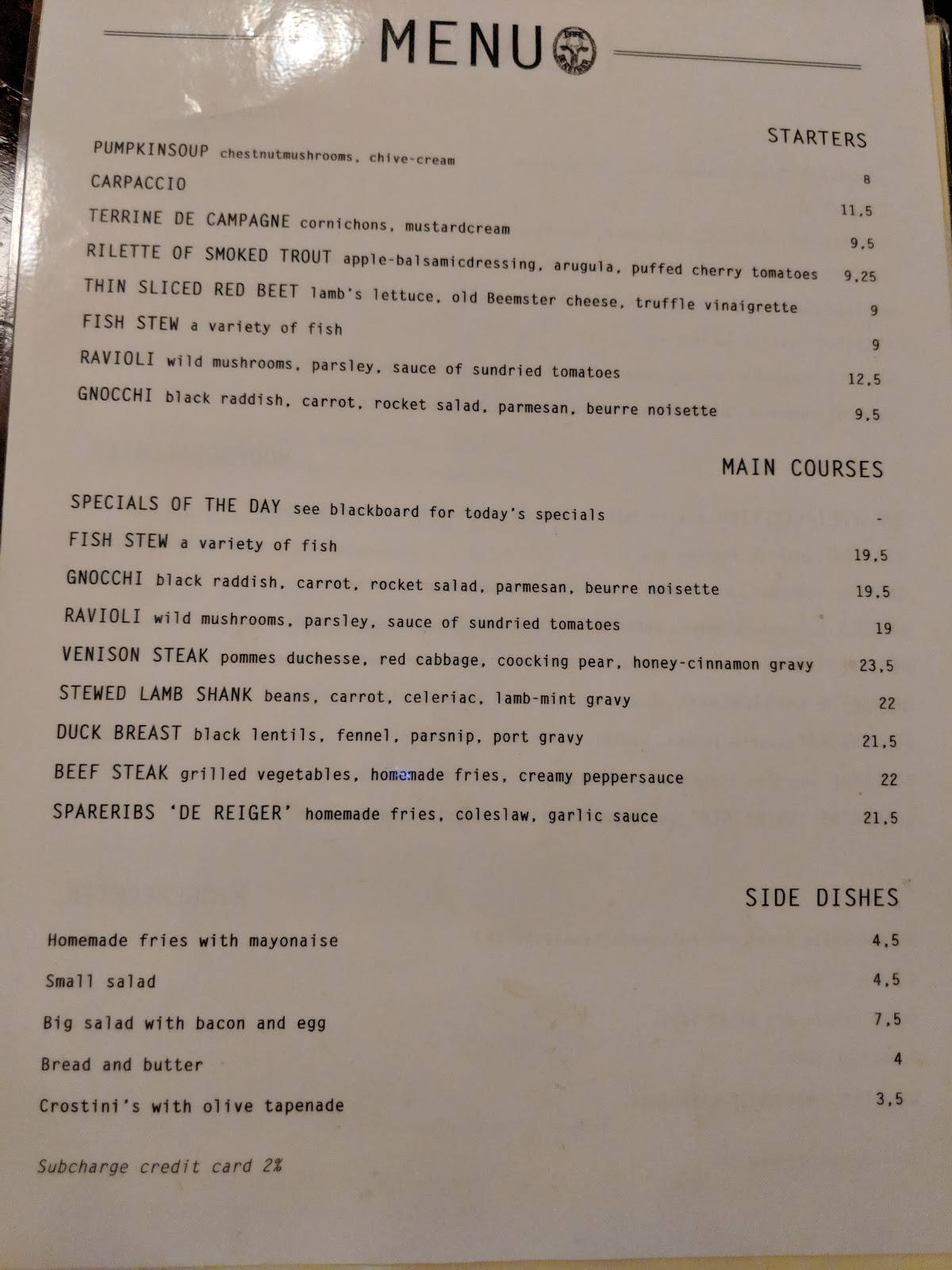 Menu at Café Restaurant De Reiger, Amsterdam