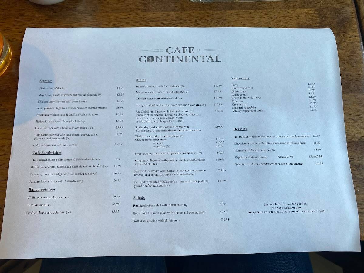 Menu at Cafe Continental, Gourock, 40 Kempock St