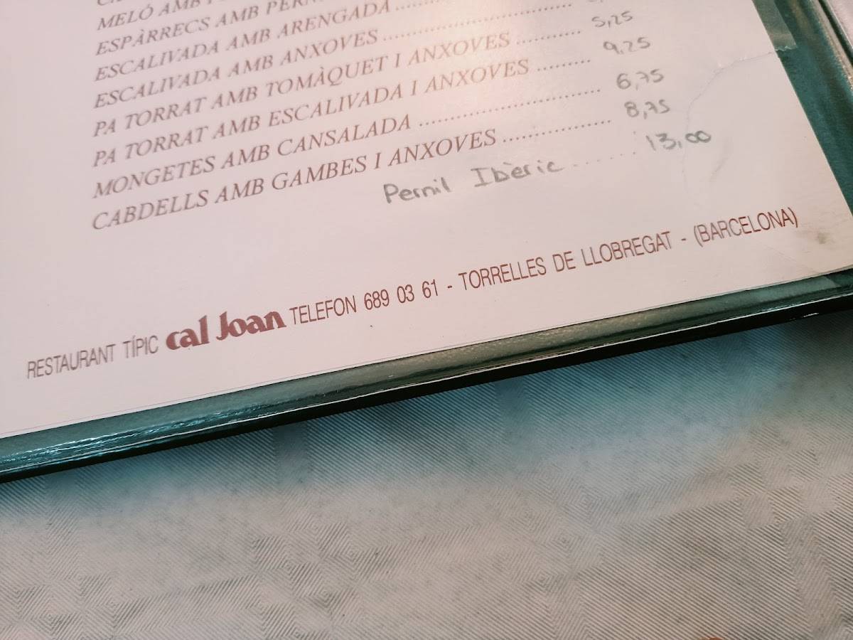 Menu at Restaurant Cal Joan, Torrelles de Llobregat