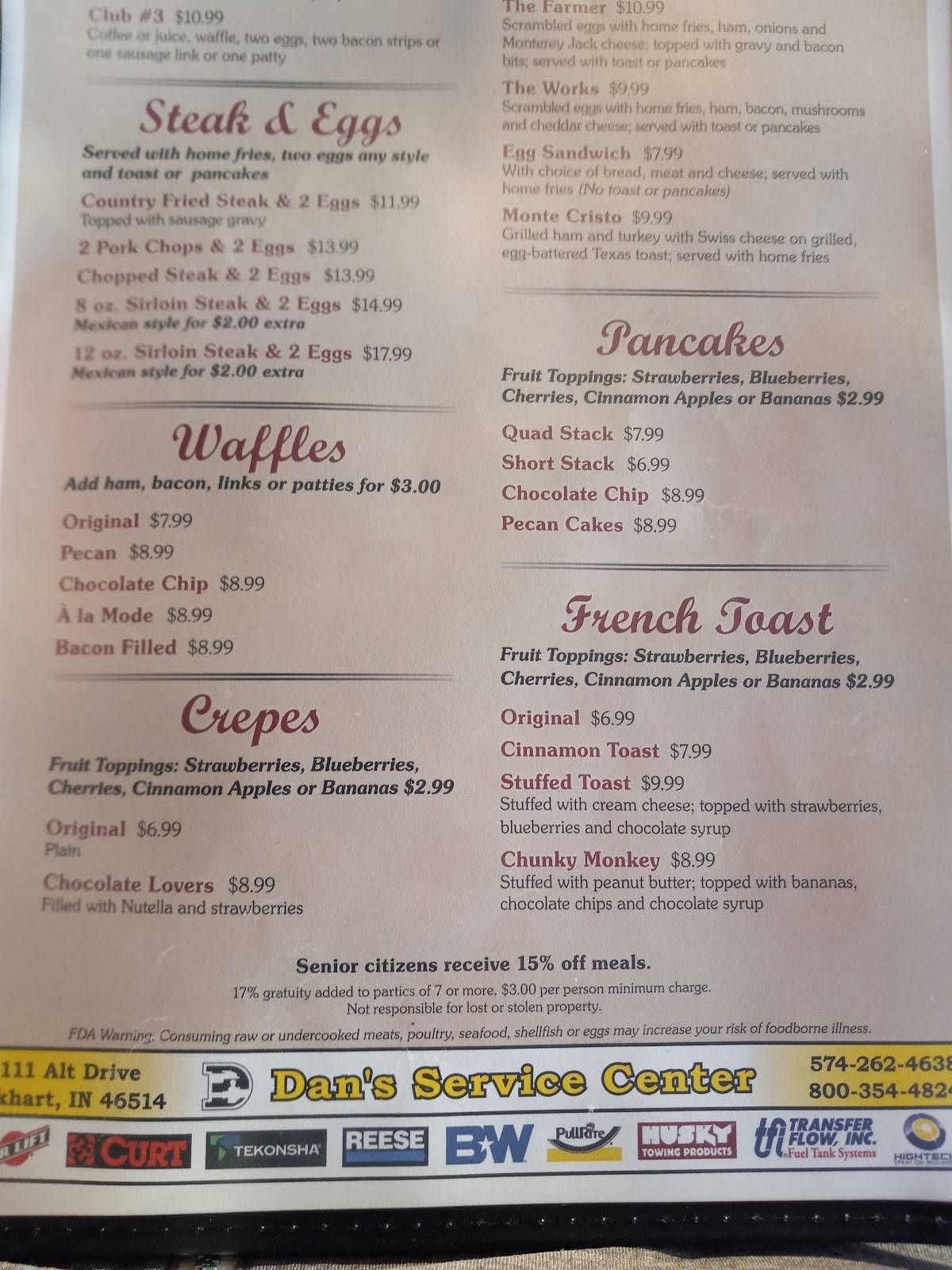 Menu at Callahan's Restaurant, Elkhart