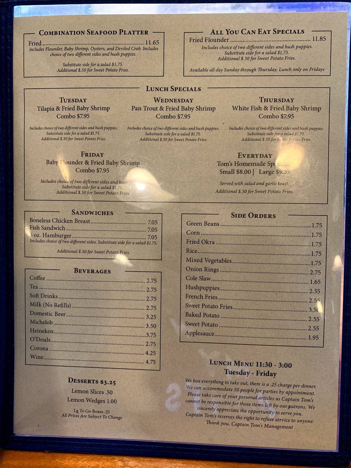 Menu at Captain Tom's Seafood restaurant, Colonial Heights