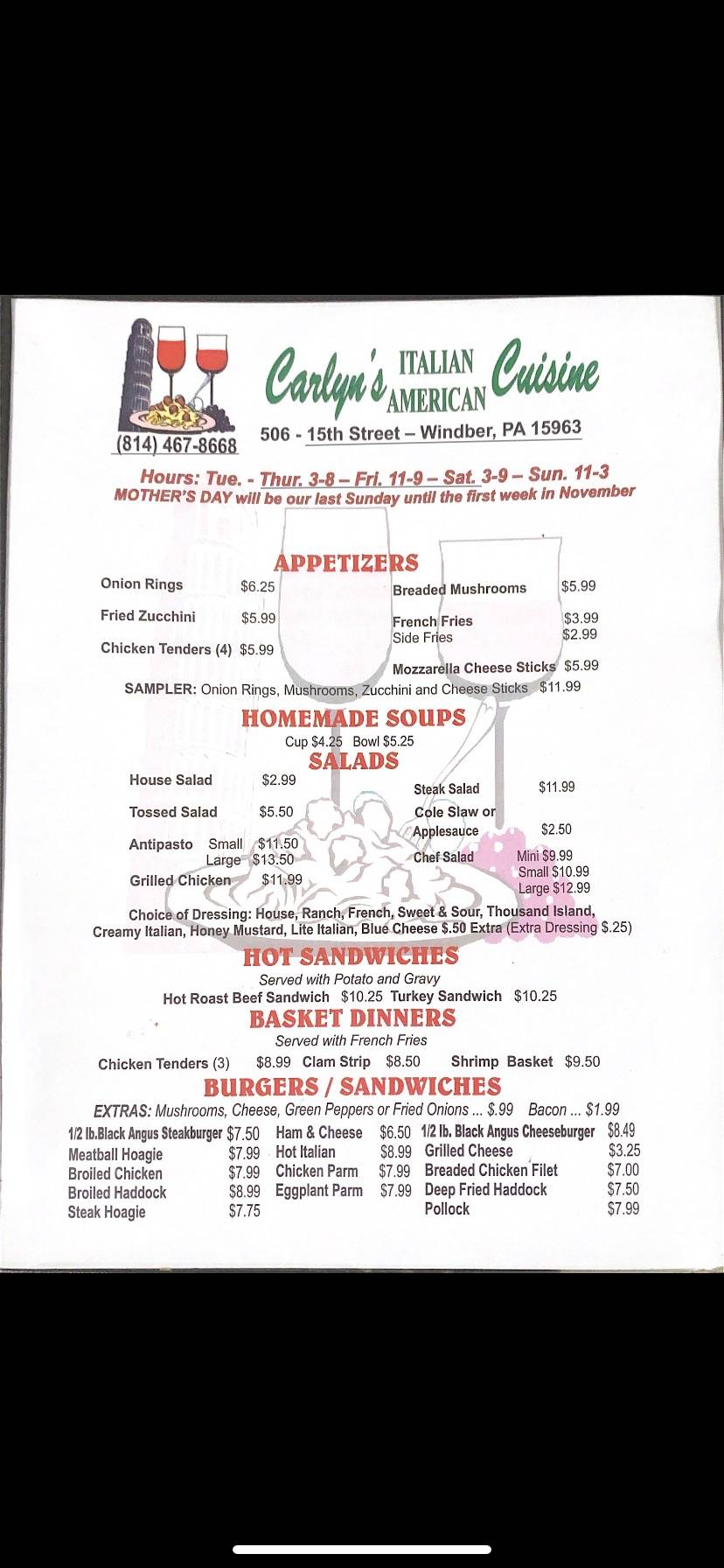 Menu at Carlyn's Restaurant, Windber