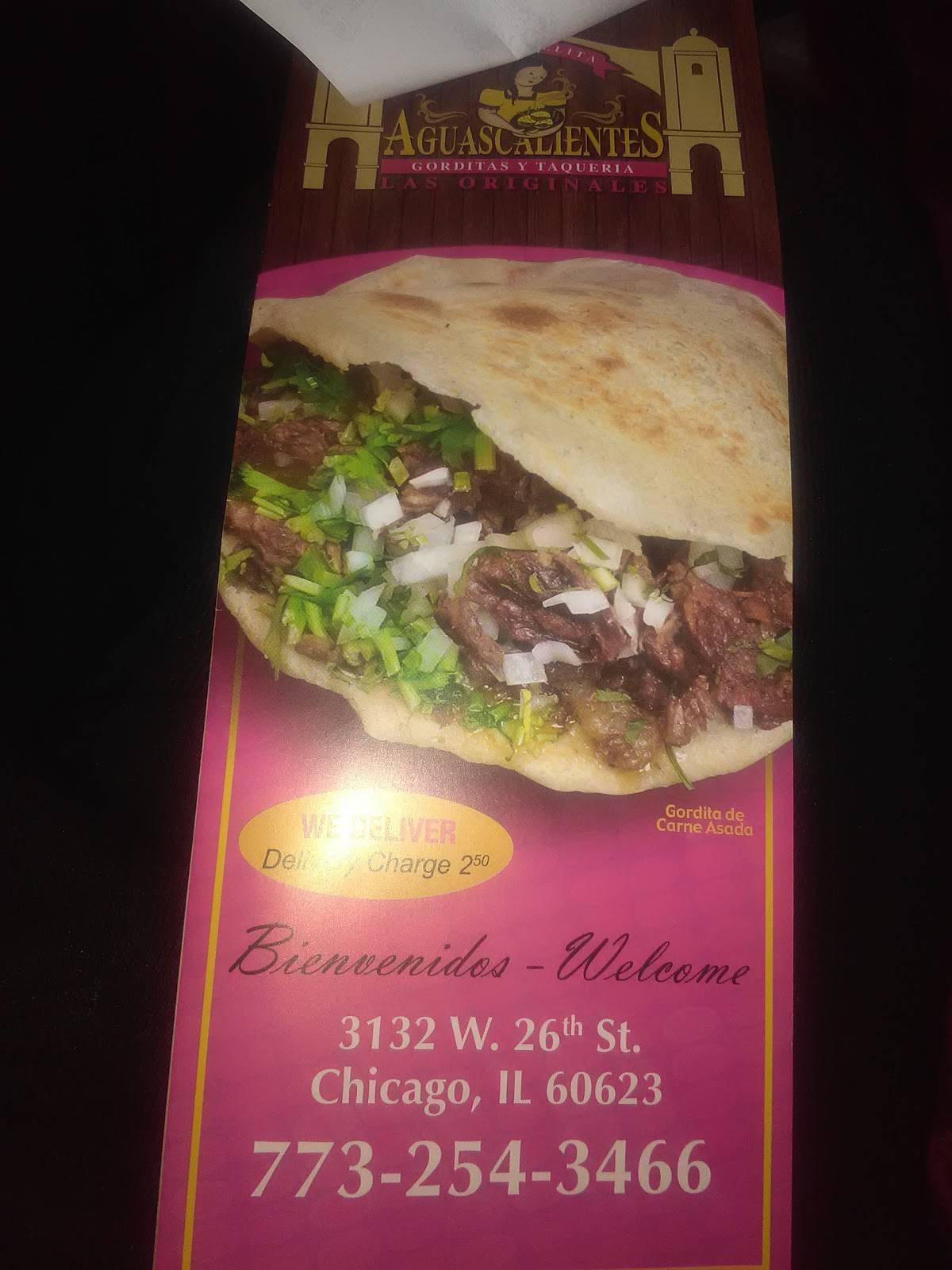 Menu at Carniceria y Taqueria Aguascalientes restaurant, Chicago, W 26th St
