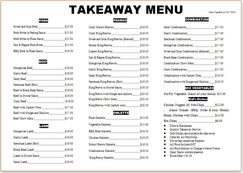 Menu at Chatham Chinese Restaurant, Taree