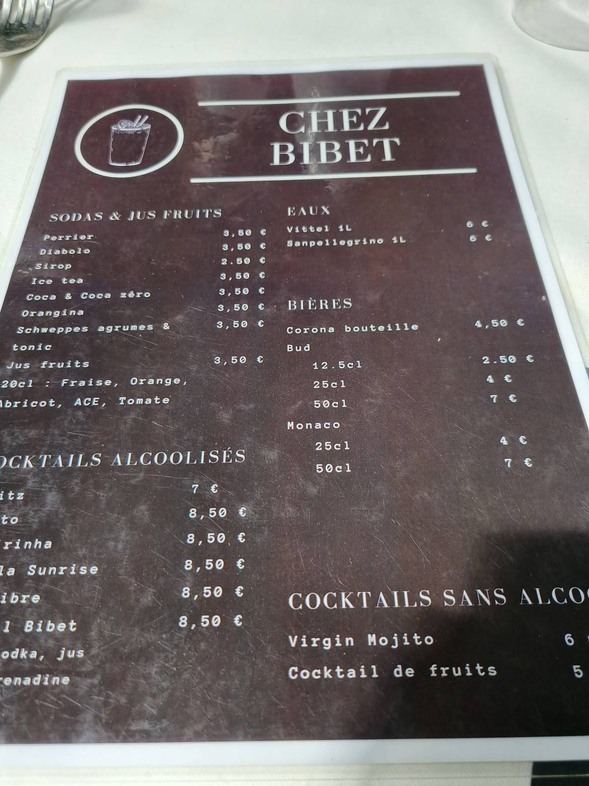 Menu au Chez Bibet restaurant, Saint-Bernard, Rue de la Saône