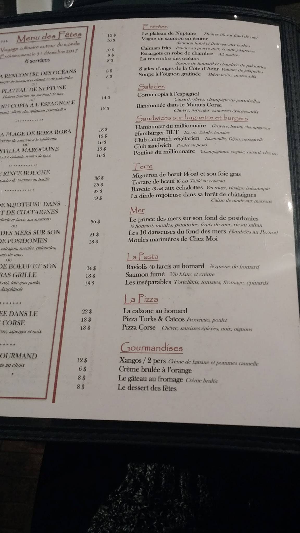Menu au Restaurant Chez Moi, Deschambault