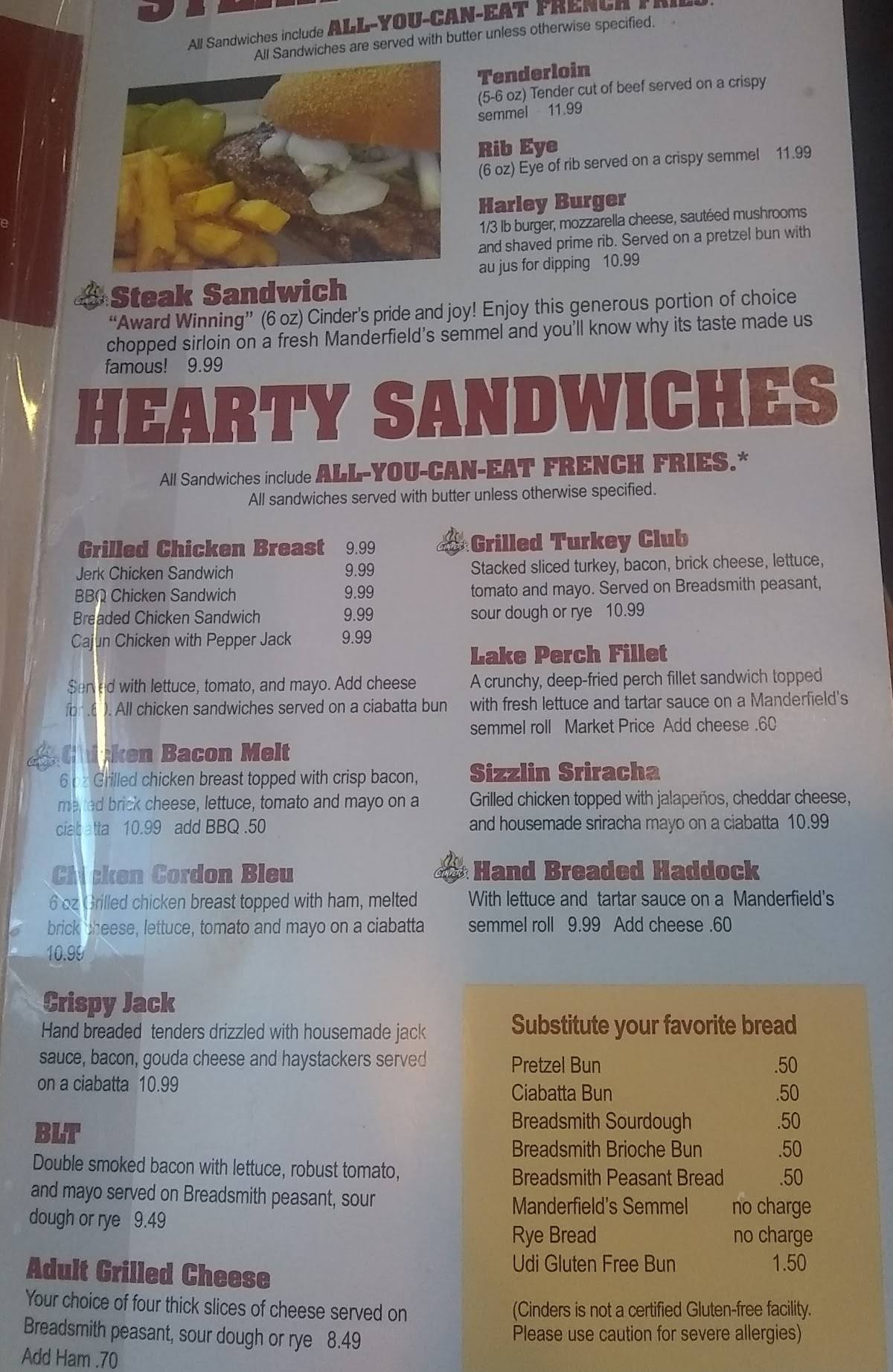 Menu at Cinders Charcoal Grill restaurant, Oshkosh