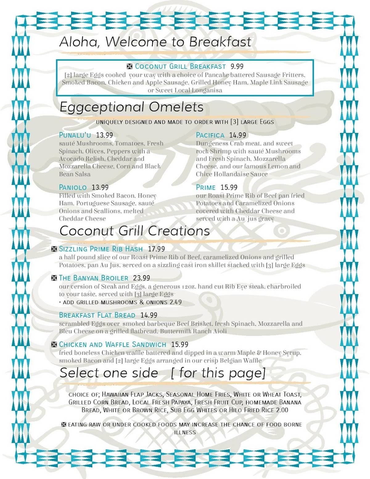 Menu at Coconut Grill restaurant, Hilo