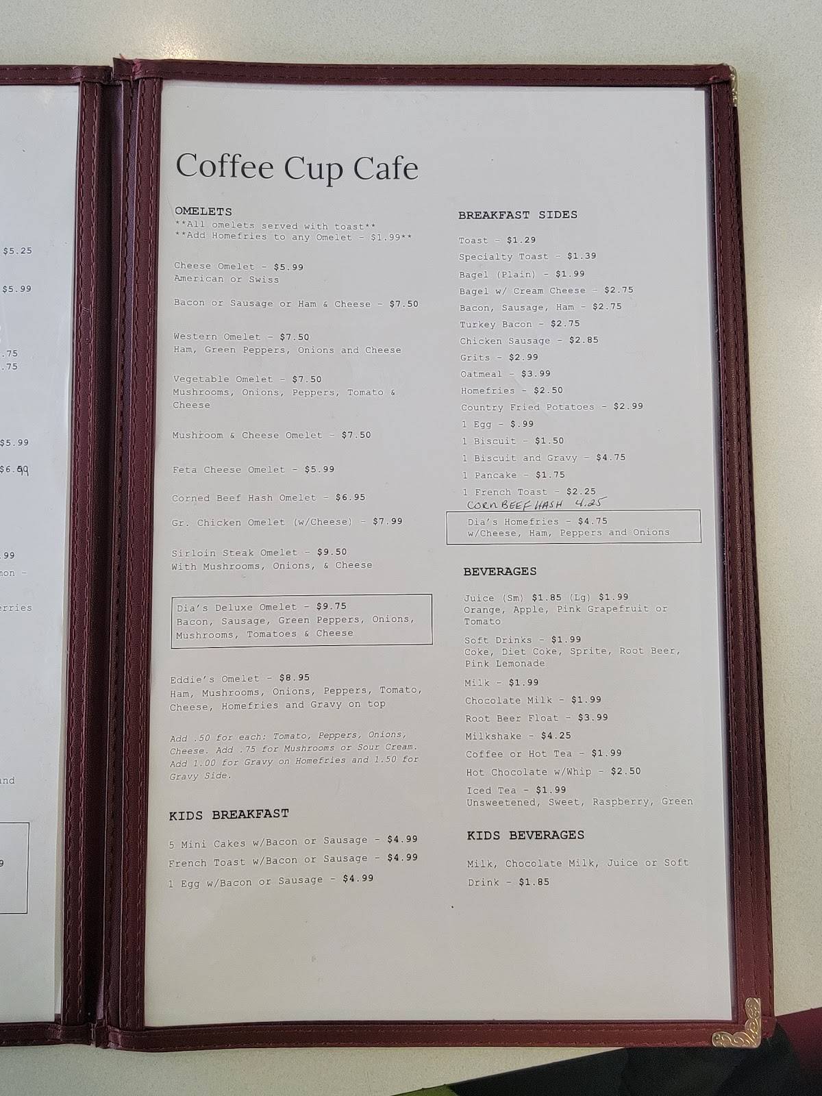 Menu at Coffee Cup Cafe aka O'Callaghan's, Warren