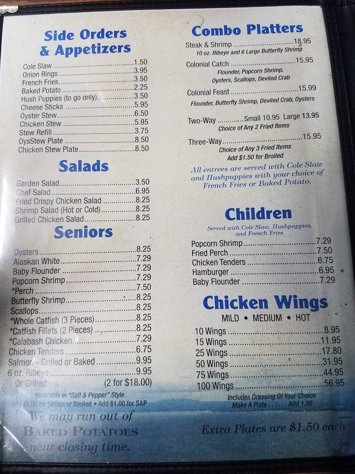 Menu at Colonial Fish Camp restaurant, Gaffney