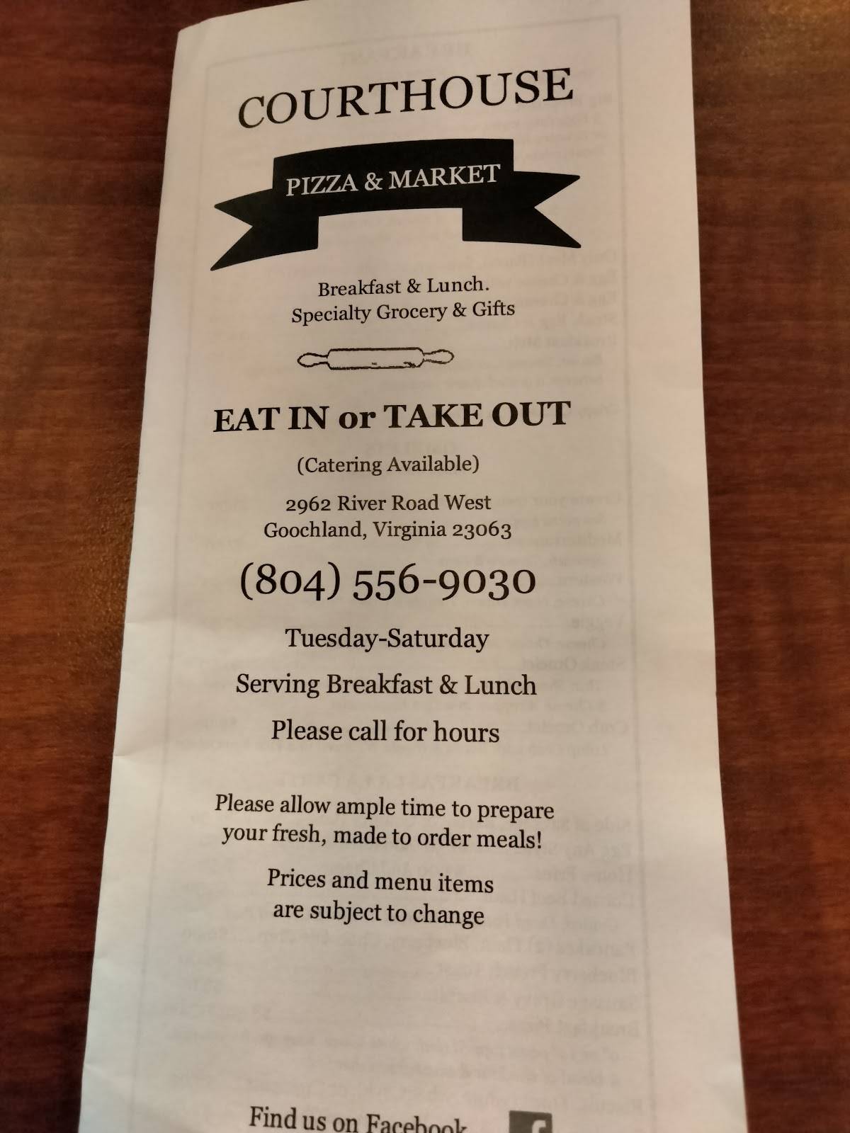Menu at Courthouse Market & Grill restaurant, Goochland