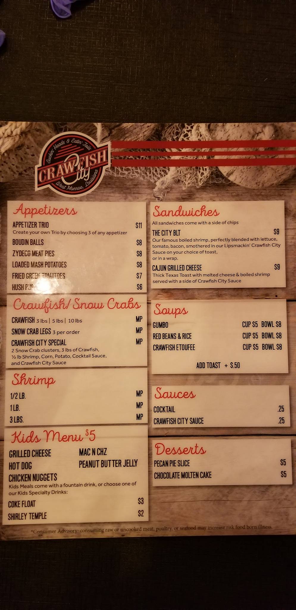 Menu at Crawfish City restaurant, West Monroe