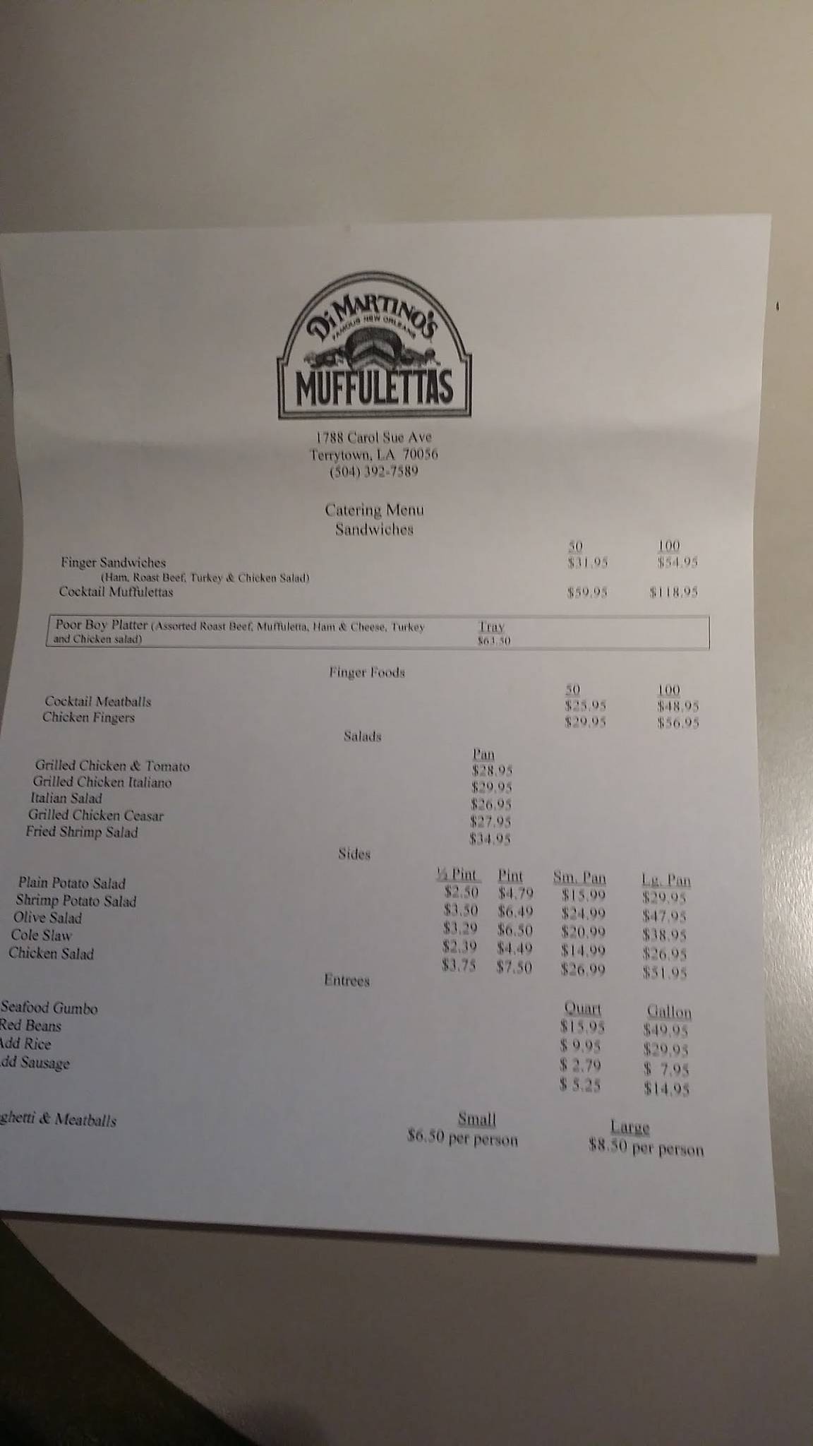 Menu at Dimartino's restaurant, Terrytown, Carol Sue Ave
