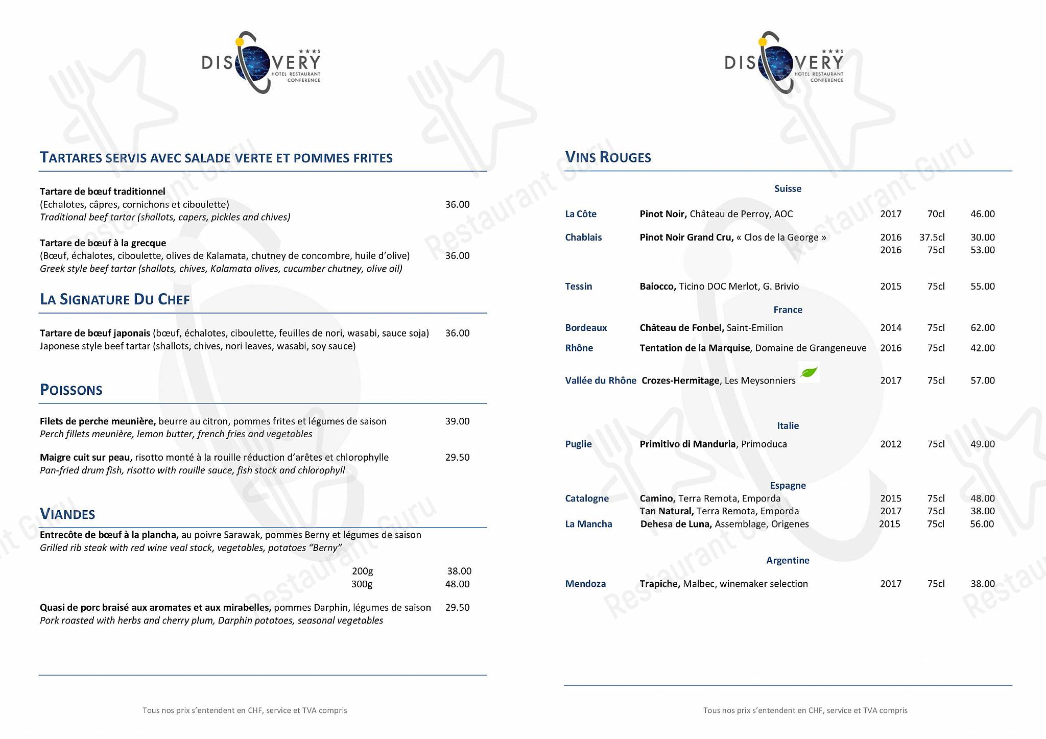 Speisekarte von Discovery Restaurant, Crissier