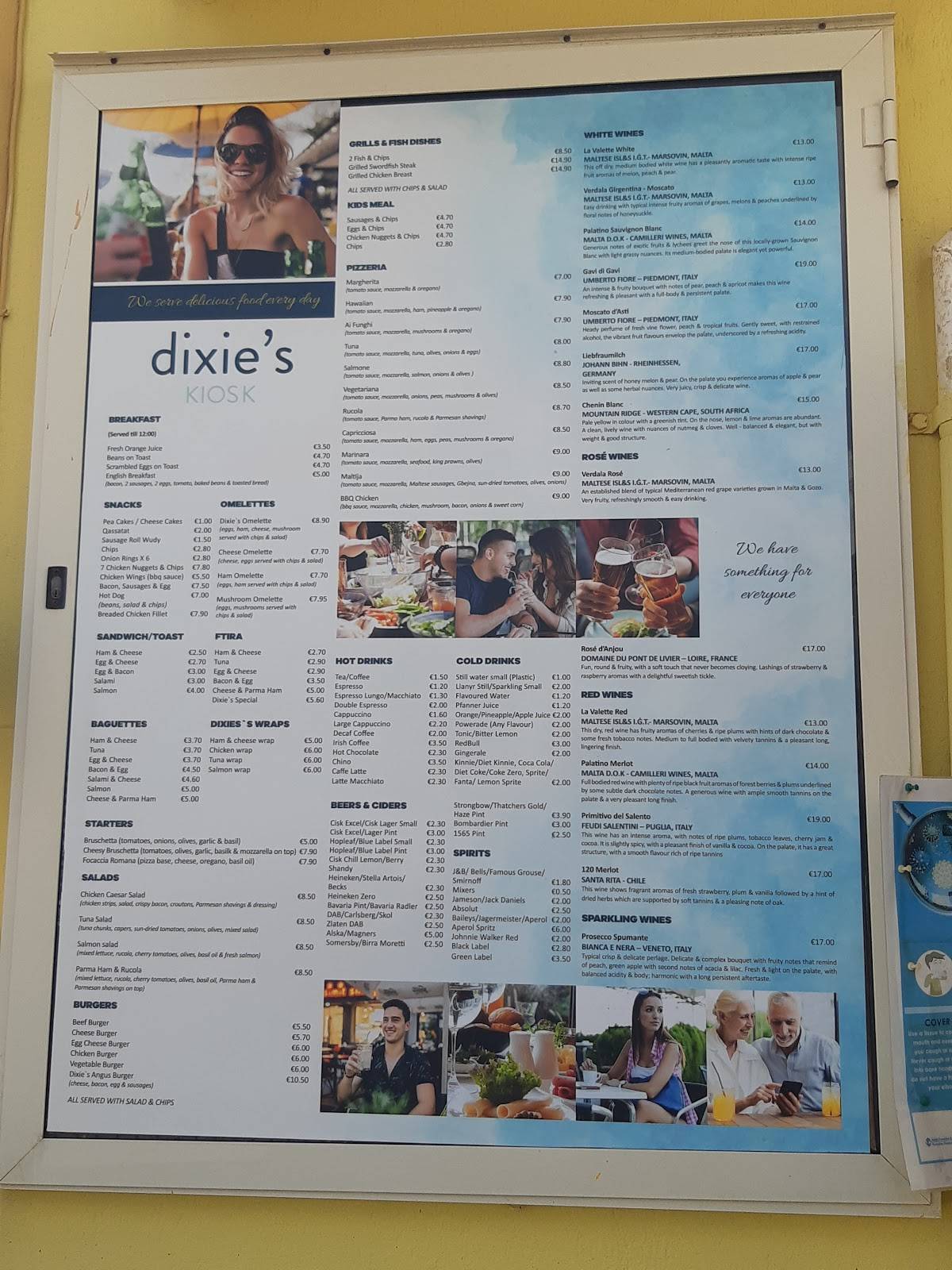 Menu at Dixie's Kiosk restaurant, Sliema