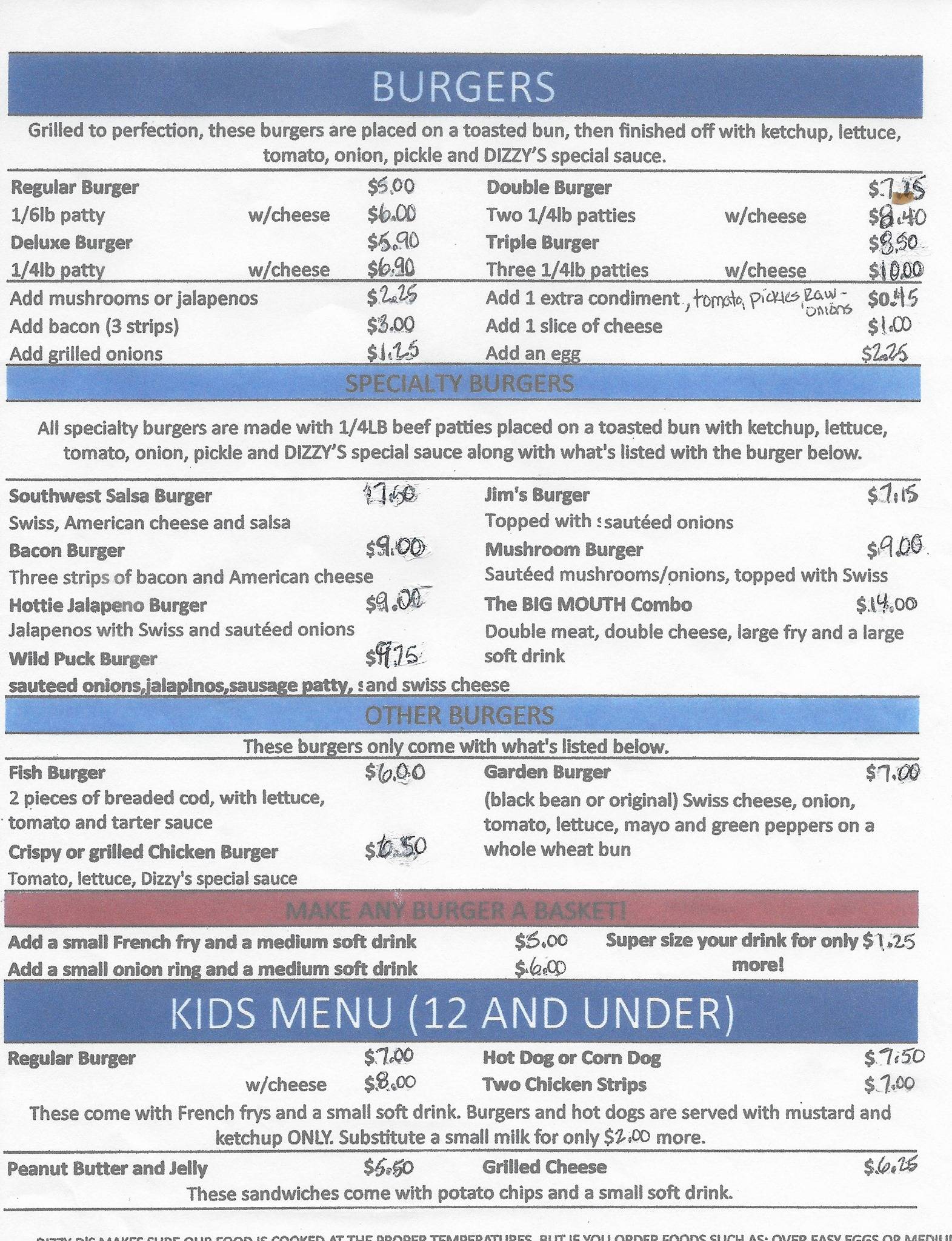 Menu at Dizzy D's restaurant, Wenatchee
