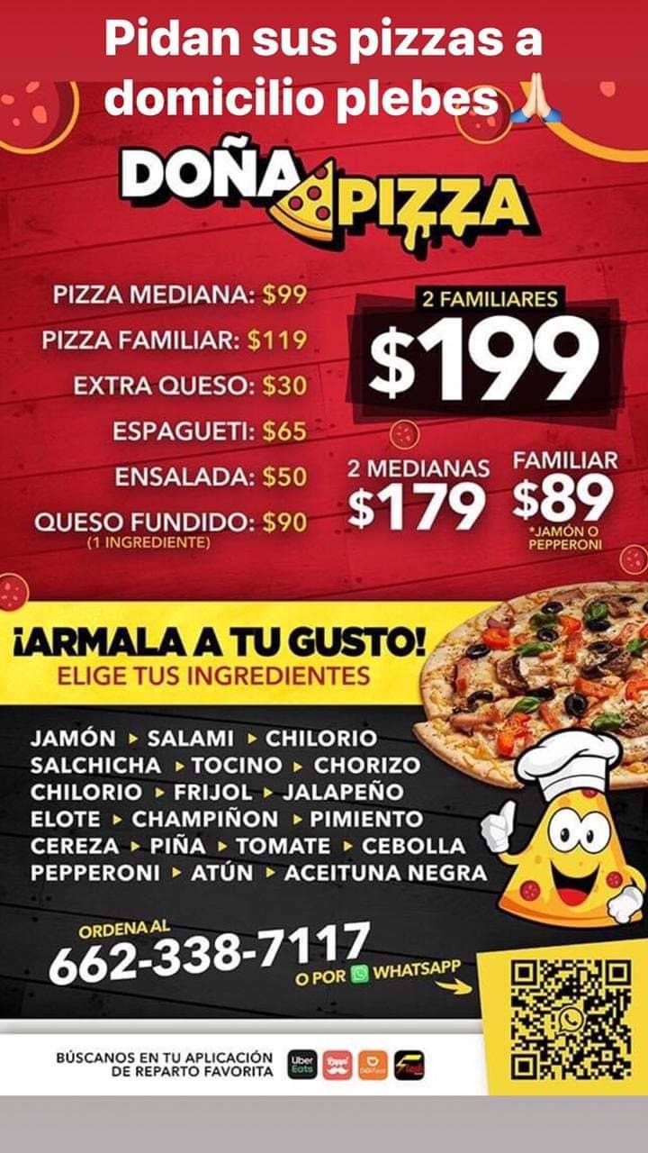 Menu at Doña Pizza restaurant, Hermosillo, Cda. Sáric 183