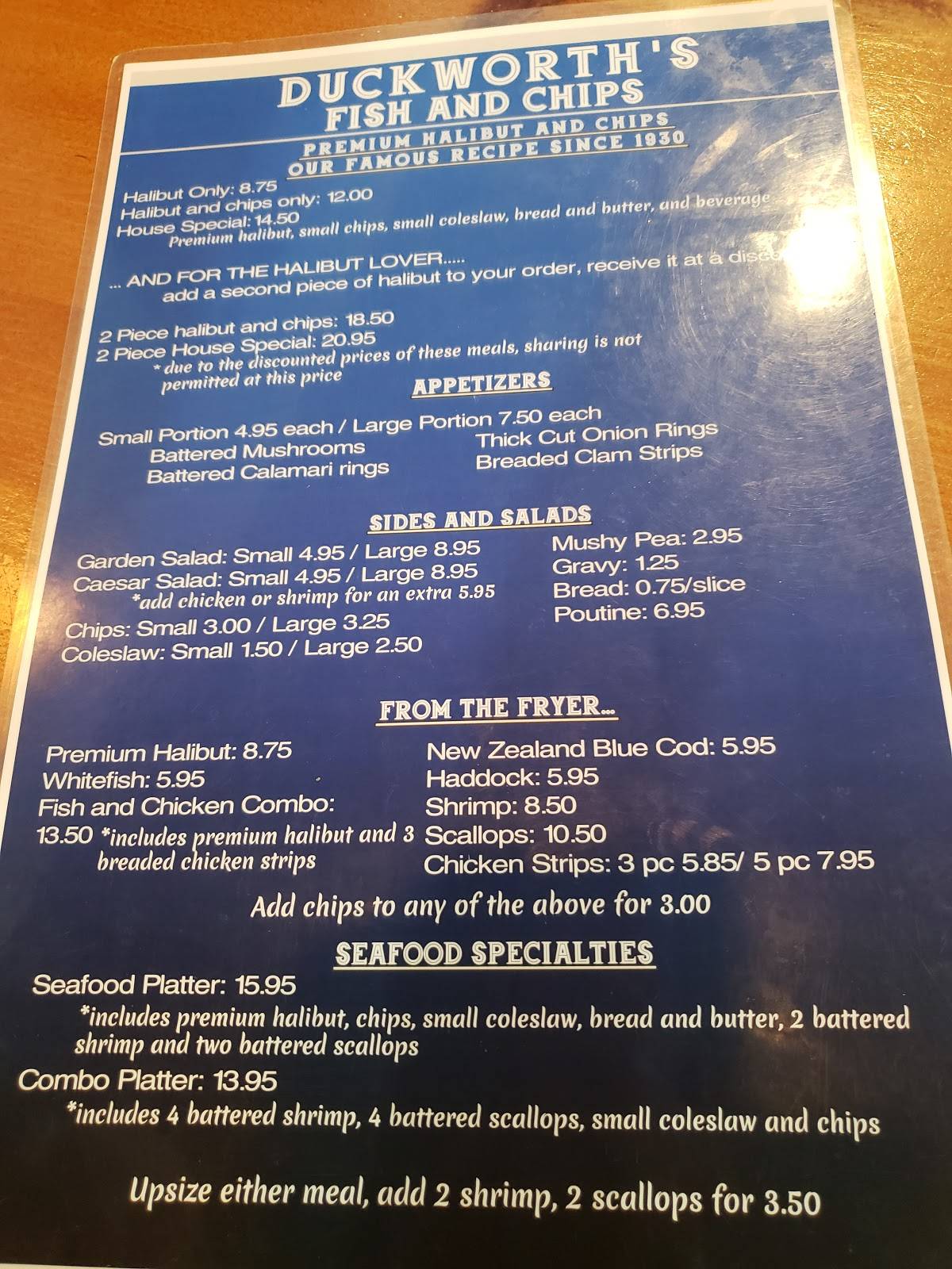 Menu at Duckworth's Fish & Chips restaurant, Orillia