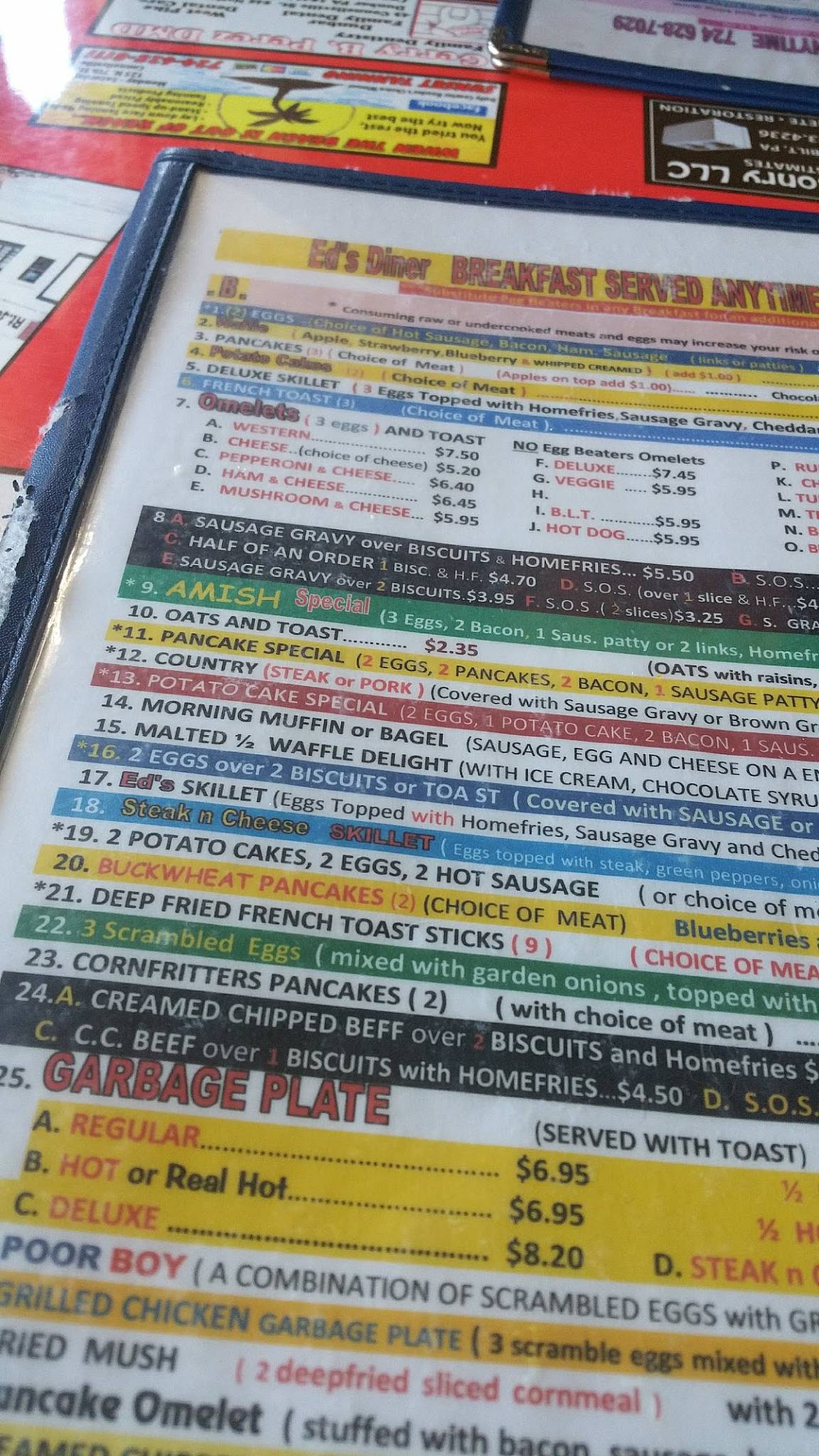 Menu at Ed's Diner restaurant, Connellsville