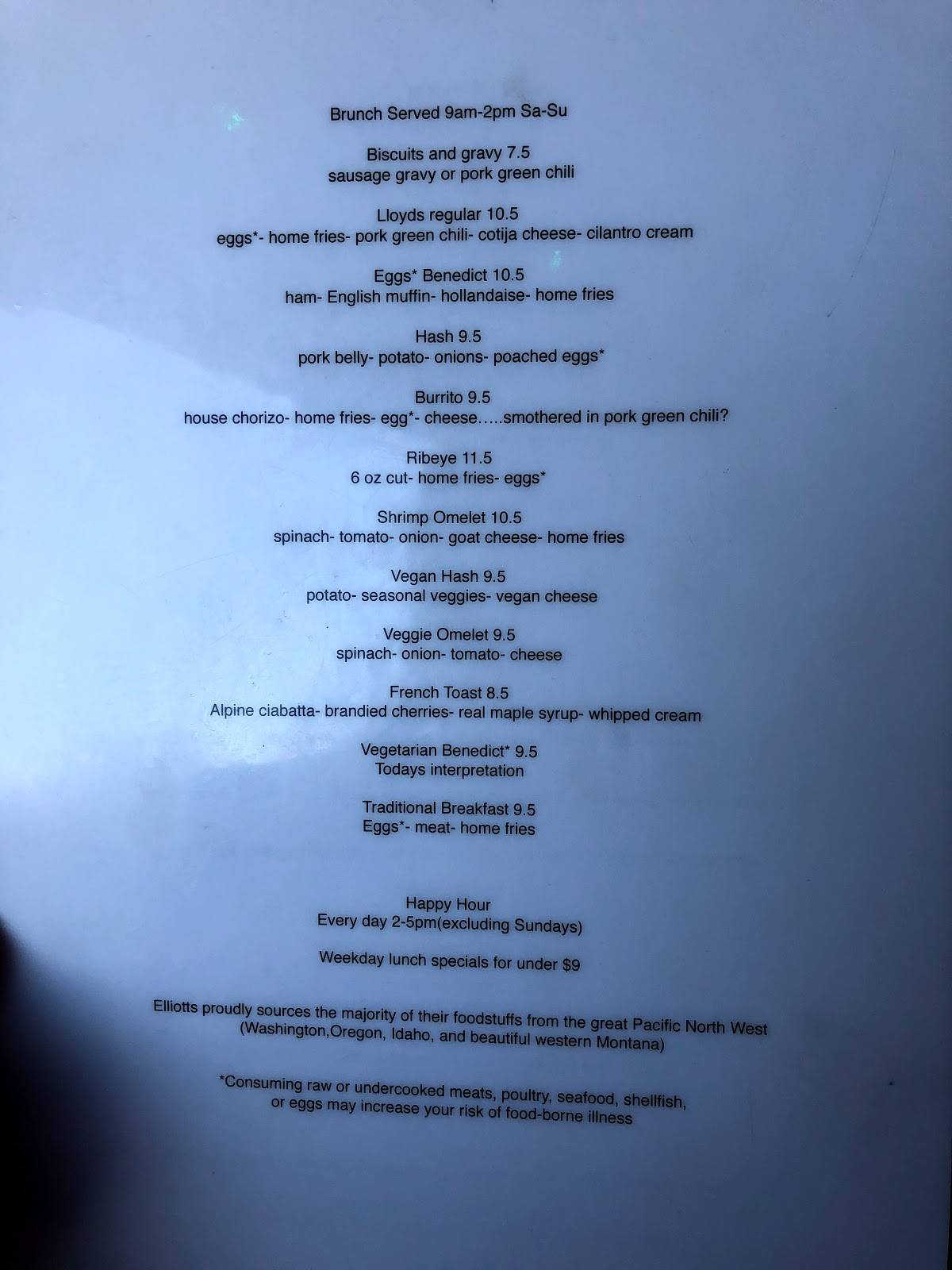 Menu at Elliotts an urban kitchen restaurant, Spokane
