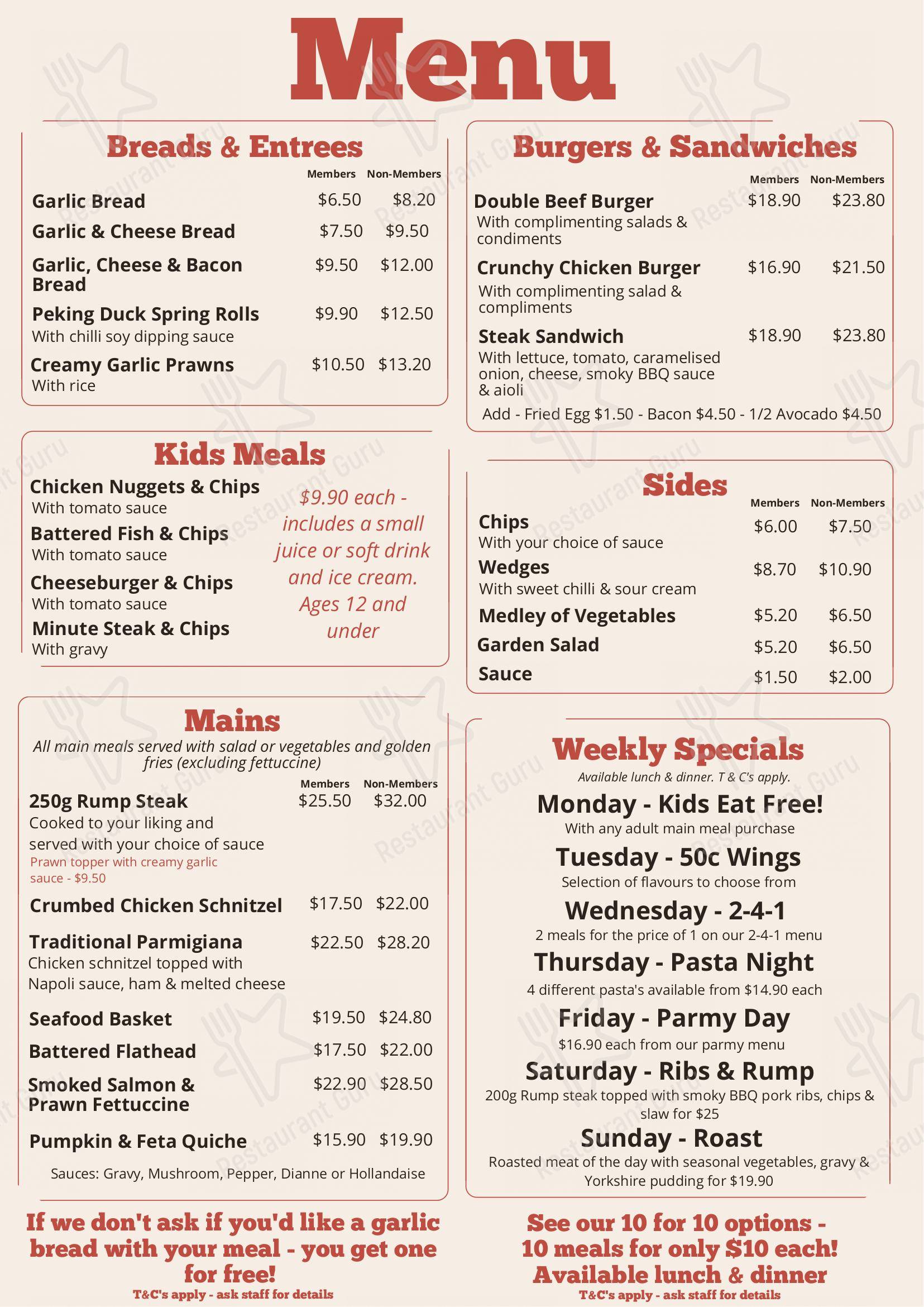 Menu at Falvey's Cecil Hotel restaurant, Goodna