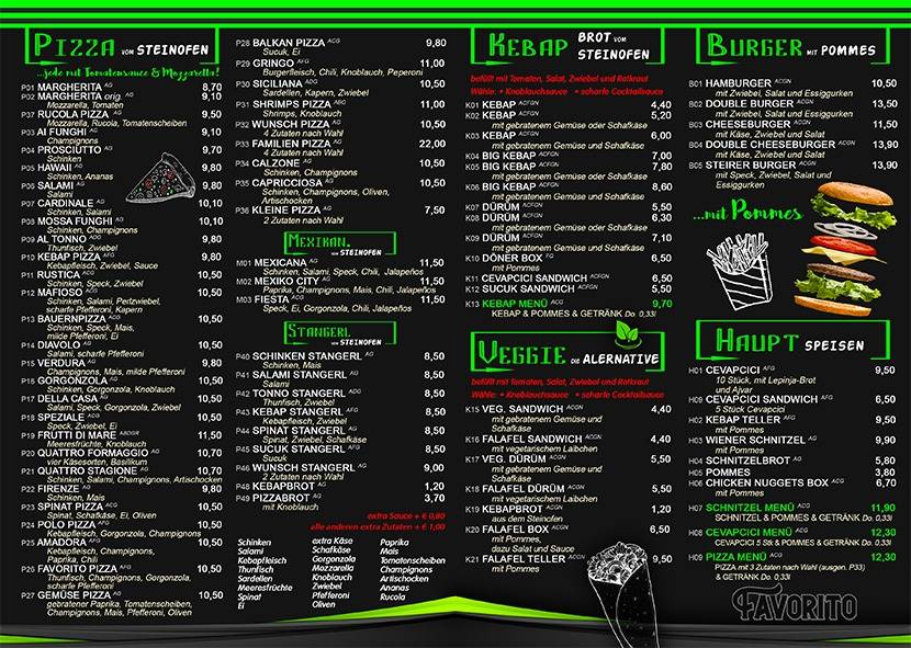 Speisekarte von Favorito Kebap Pizza, Graz