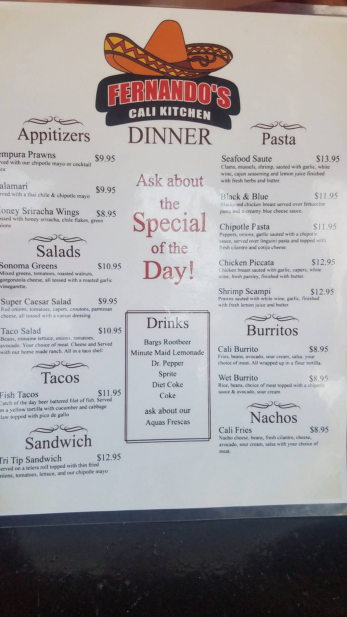 Menu at Fernandos Cali Kitchen restaurant, Yuba City