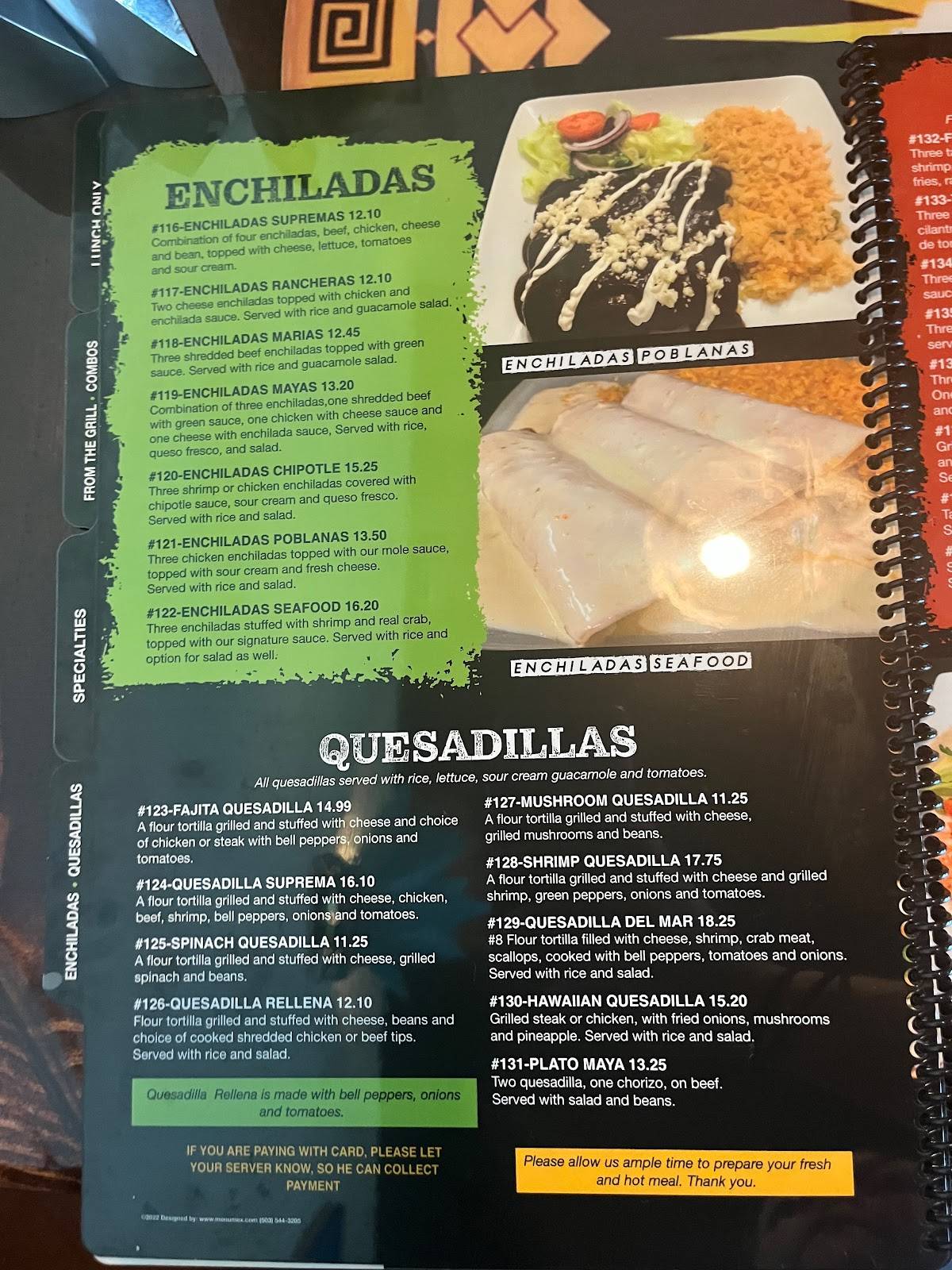 Menu at Fiesta maya Mexican grill restaurant, Chambersburg