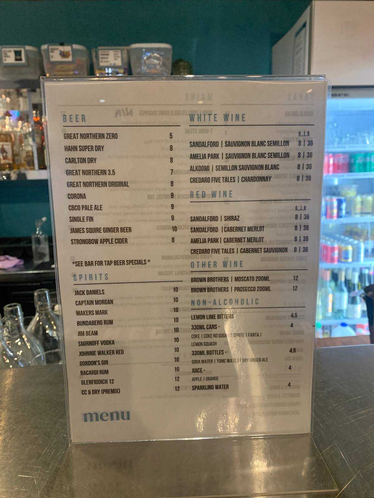 Menu at Fitzgeralds restaurant, Geraldton