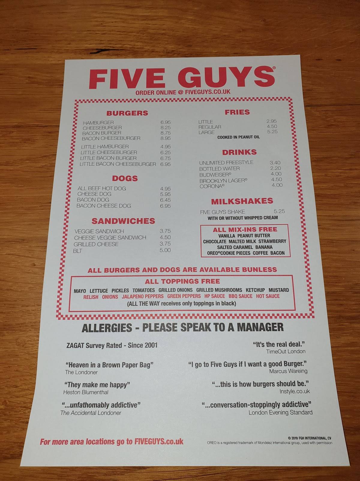 Menu at Five Guys Swansea restaurant, Swansea