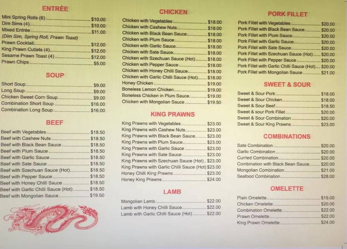 Menu at Fortune Chinese Restaurant, Guyra