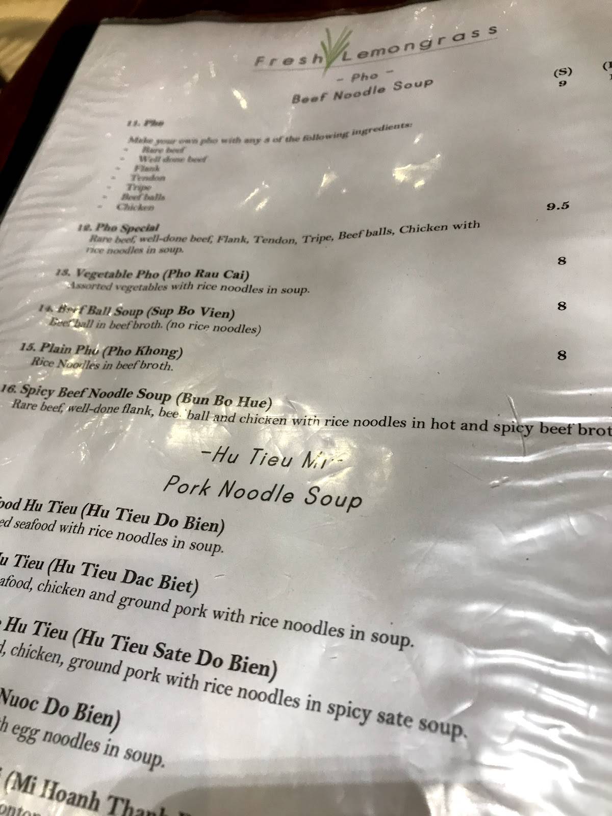 Menu at Fresh Lemongrass Vietnamese Restaurant, Vernon