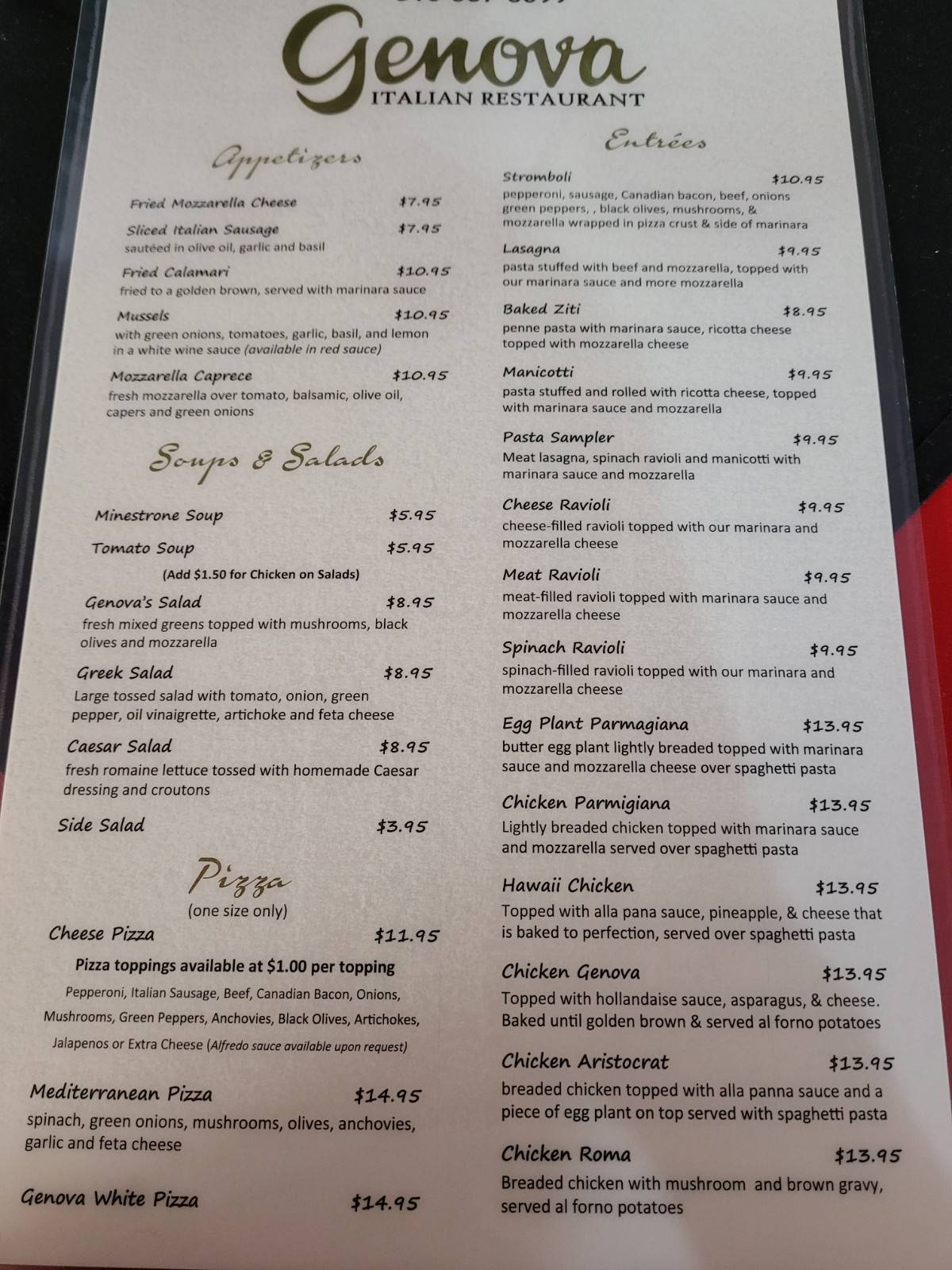 Menu at Genova Italian Restaurant, Newton