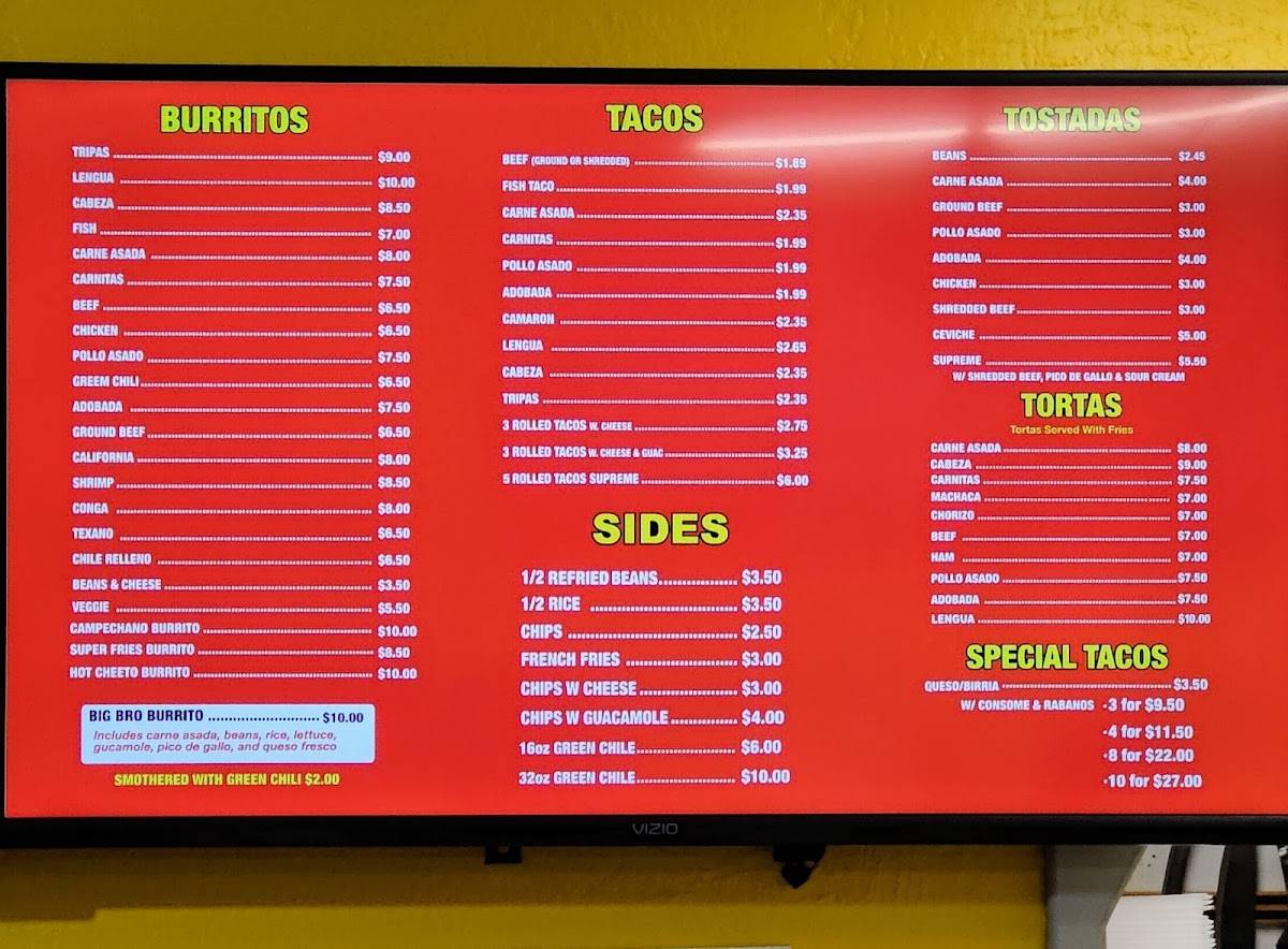 Menu at Gilberto's Taco Shop restaurant, Arlington