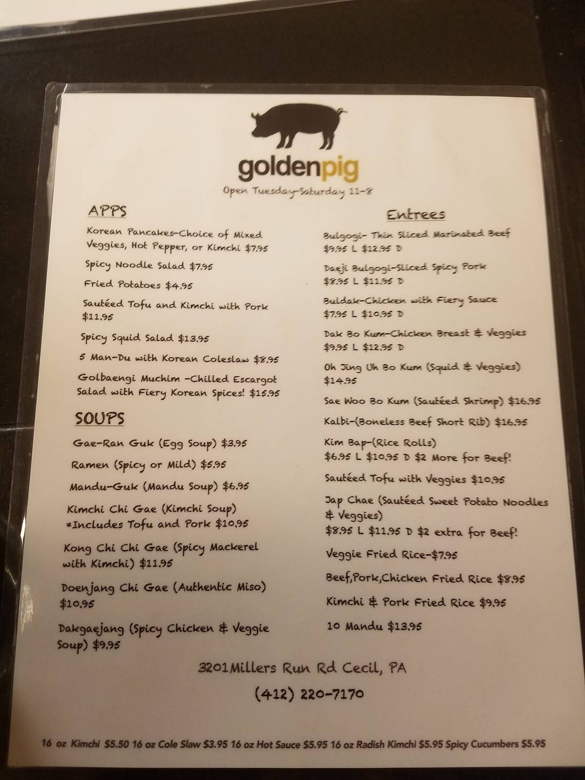 Menu at Golden Pig restaurant, Cecil-Bishop