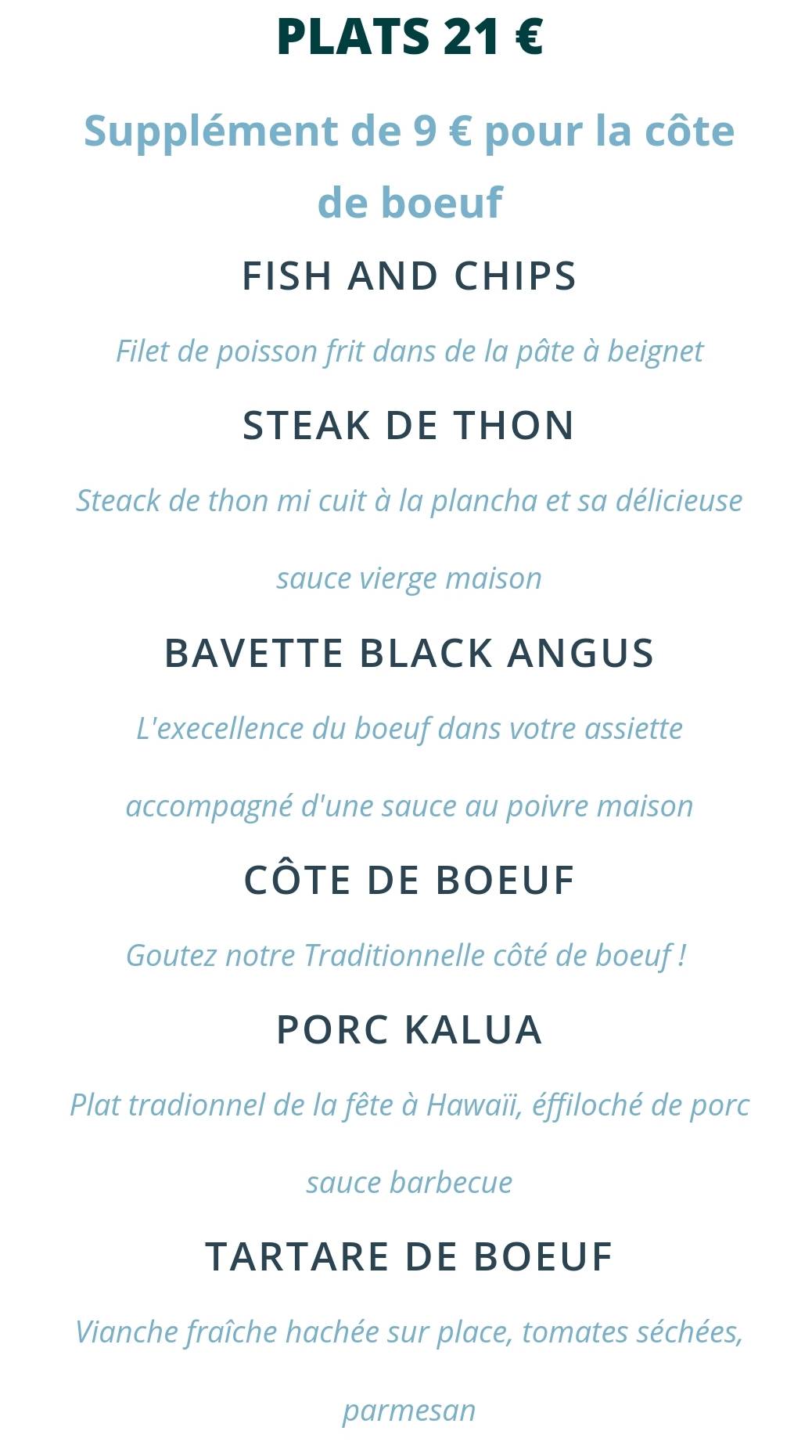 Menu au Hawai restaurant plage, Argelès-sur-Mer