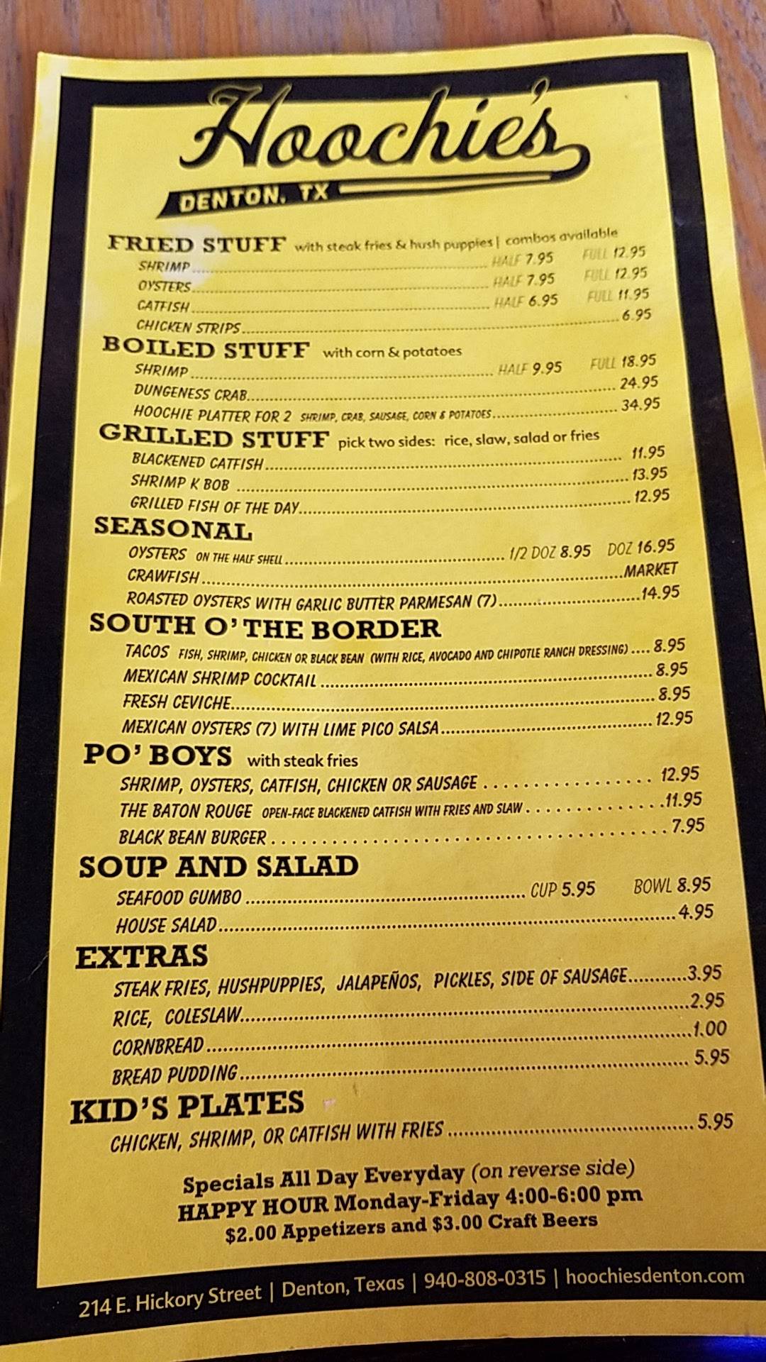 Menu at Hoochies restaurant, Denton, 214 E Hickory St
