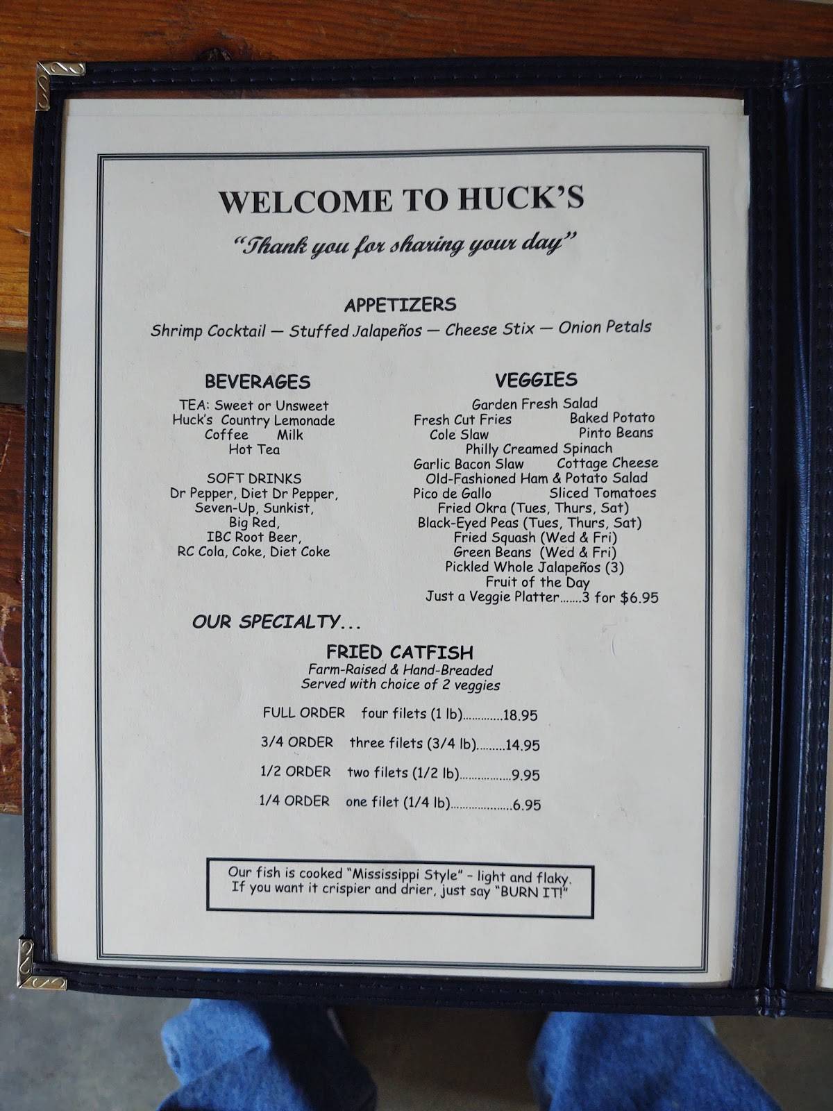 Menu at Huck's Catfish restaurant, Denison