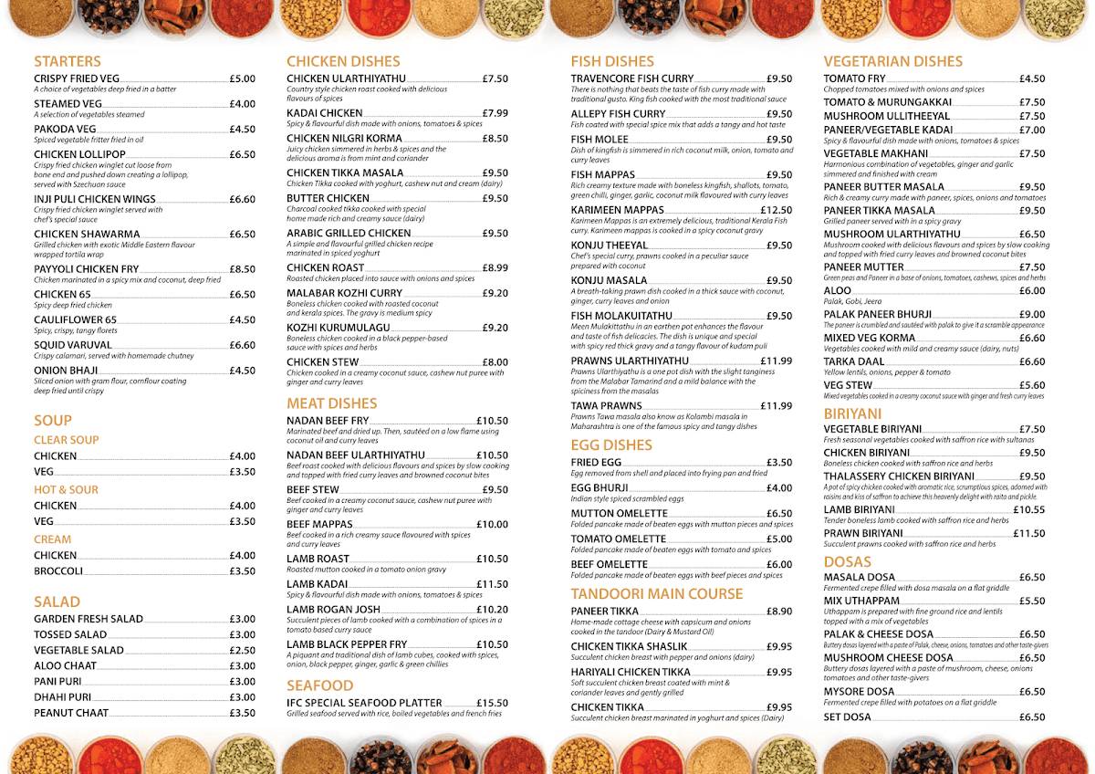 Menu at Indian Food Club (IFC), Great Yarmouth