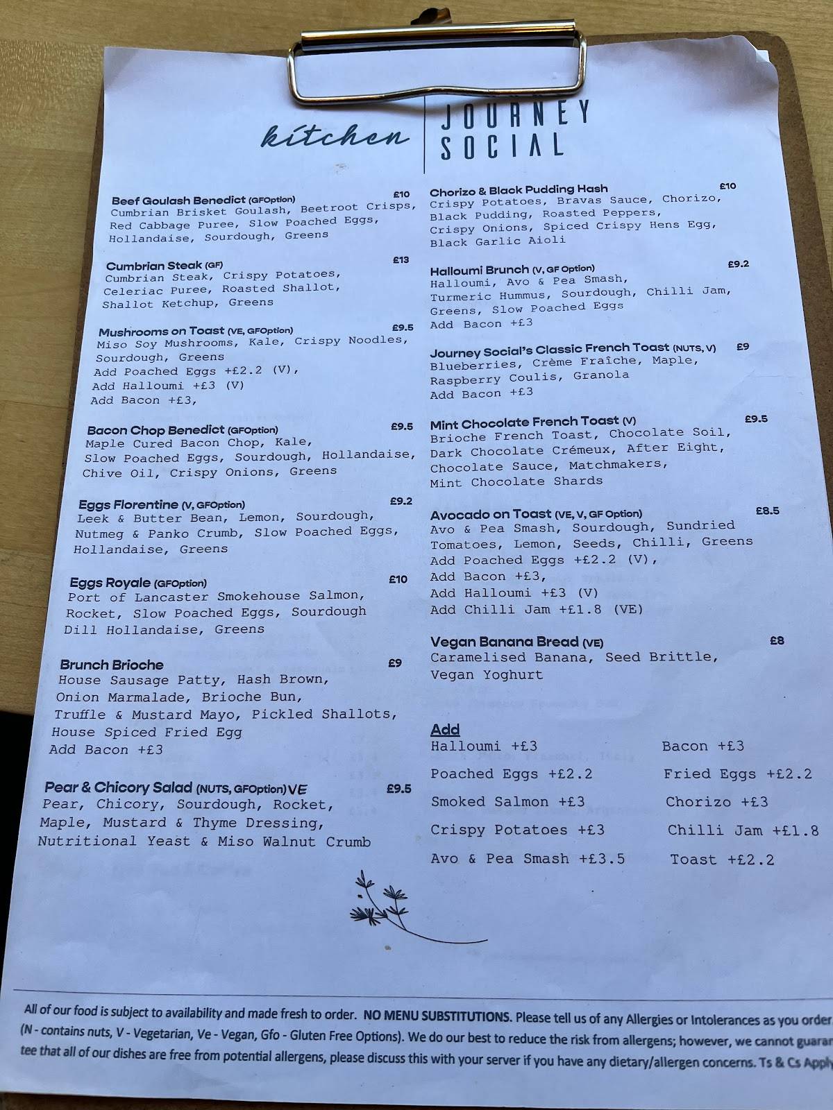 Menu at Journey Social restaurant, Lancaster