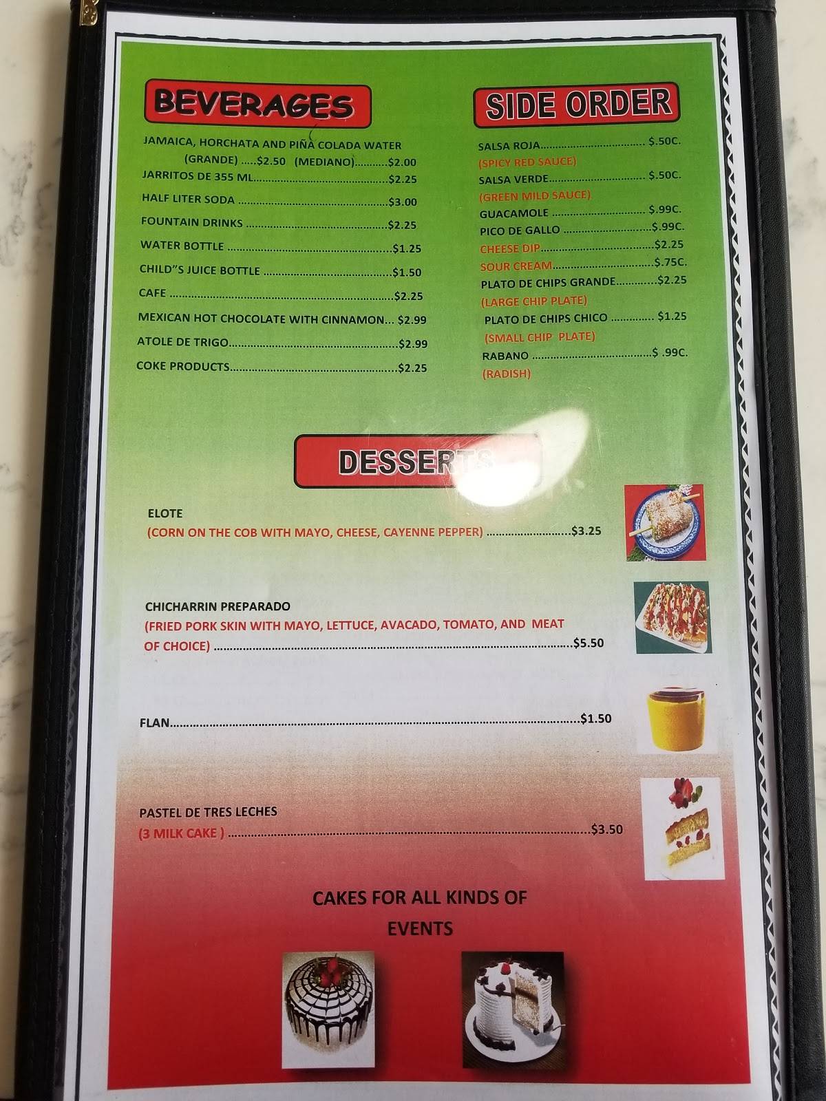 Menu at Julia's Taqueria restaurant, Laurel