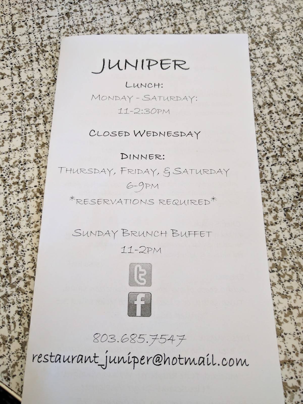 Menu at Juniper restaurant, Ridge Spring