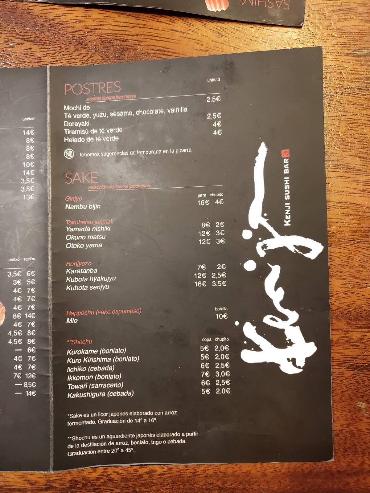 Carta de Kenji Sushi Bar, San Sebastián
