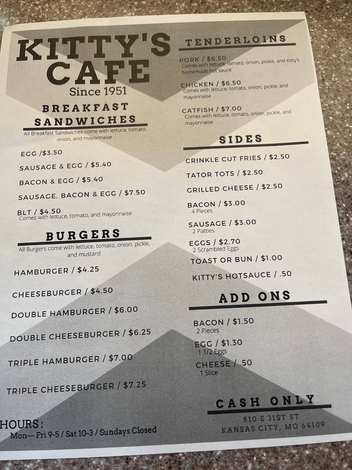 Menu at Kitty's Cafe, Kansas City