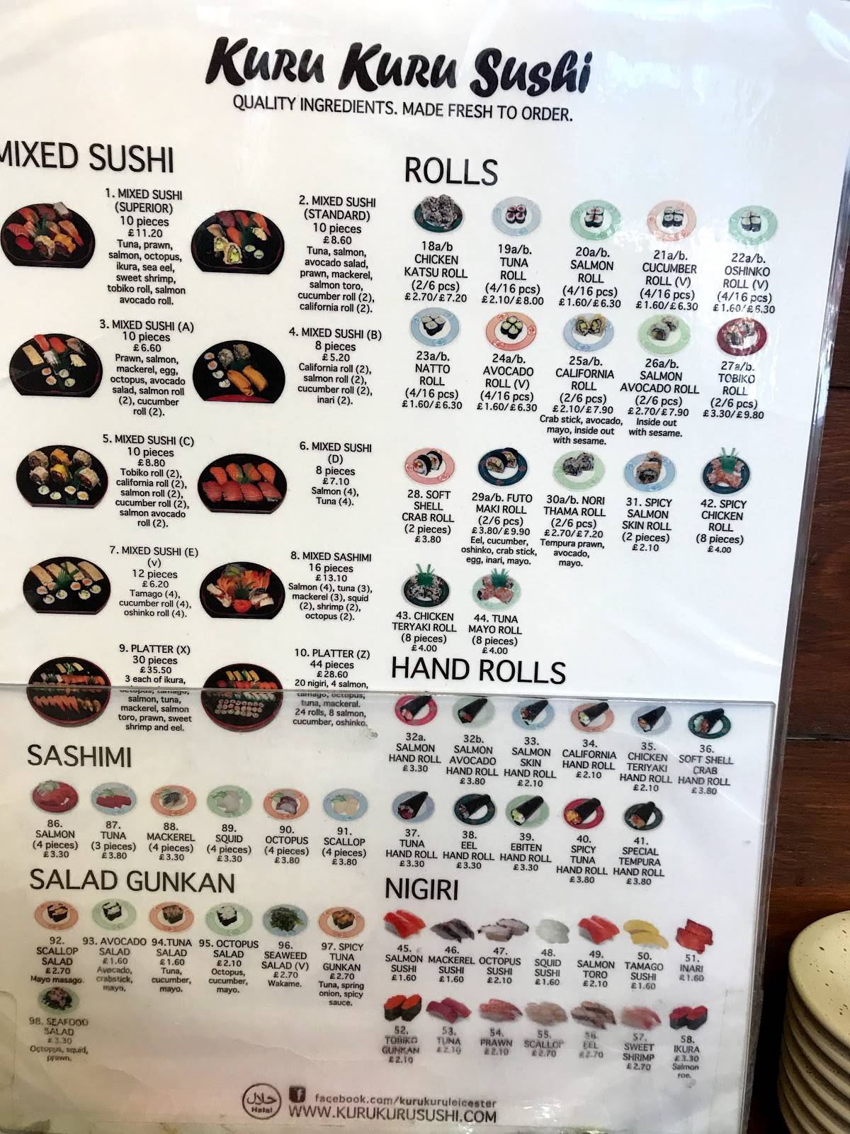 Menu at Kuru Kuru Sushi restaurant, Leicester