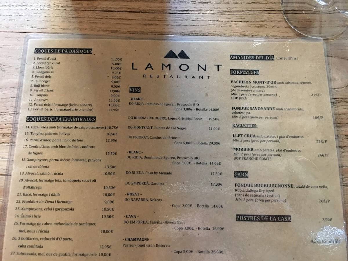 Menu at LAMONT restaurant, El Tarter