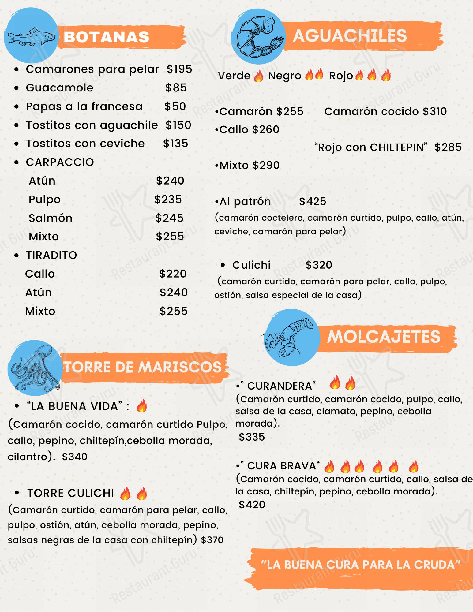 Carta del restaurante La Buena Cura, Reynosa