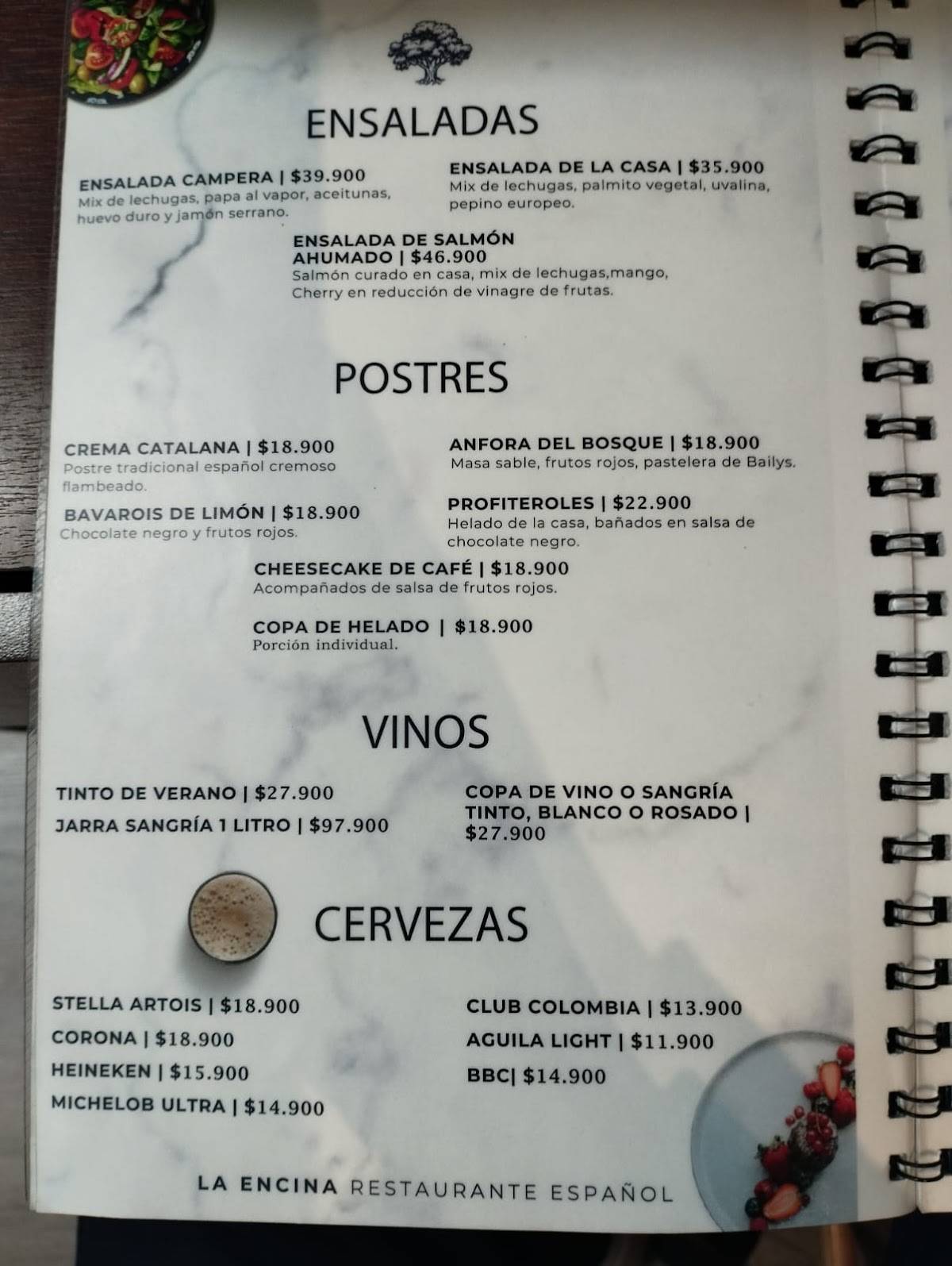 Carta del restaurante La Encina, Bogotá