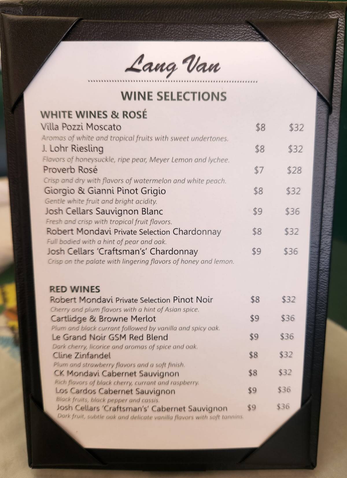 Menu at Lang Van restaurant, Charlotte