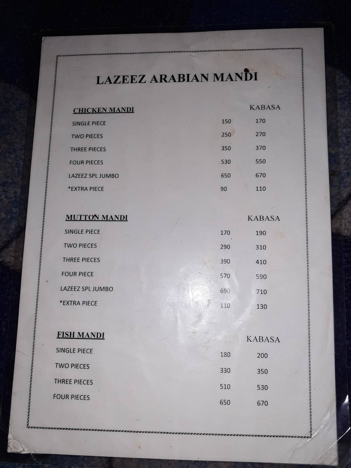 Menu at Lazeez Arabian Mandi & Shawarma, Hyderabad